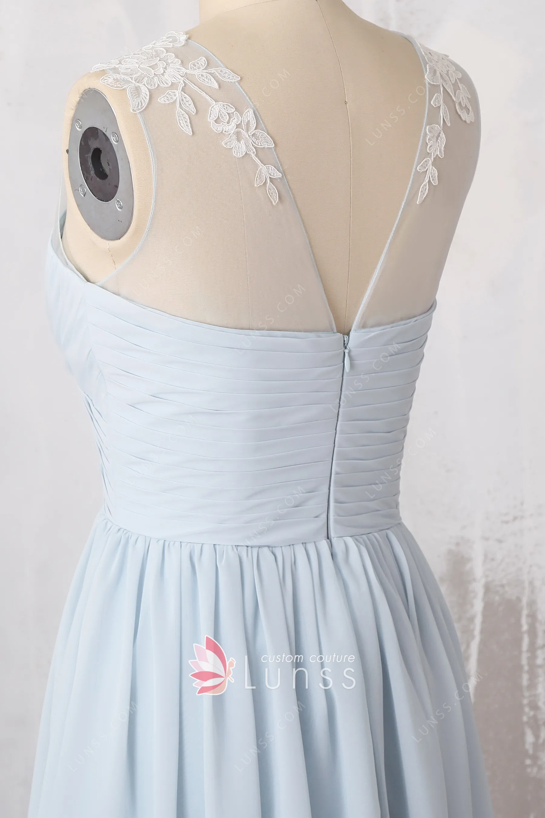 Light Blue Chiffon Lace Cap Sleeve Short Bridesmaid Dress - Lunss