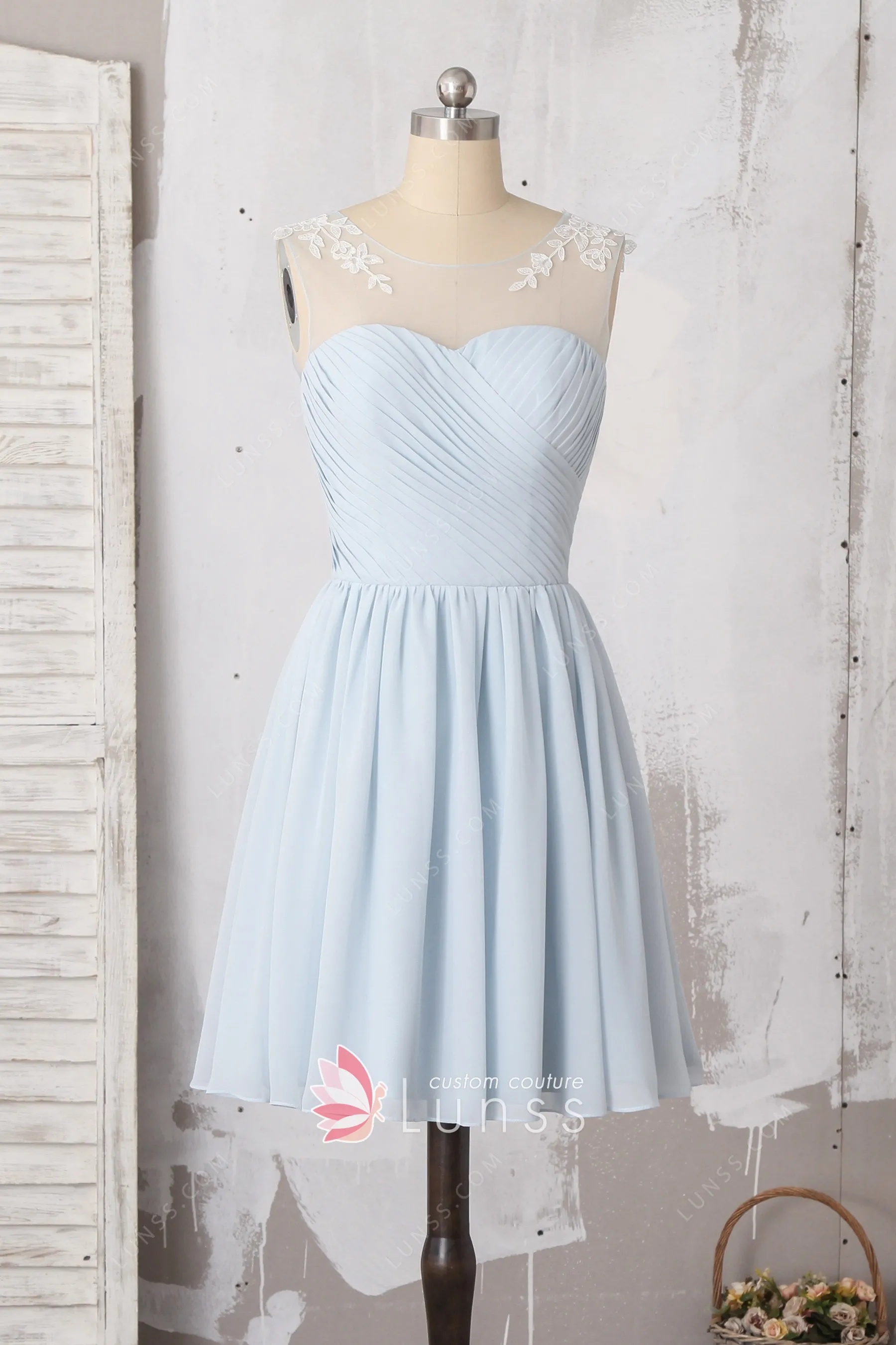Light Blue Chiffon Lace Cap Sleeve Short Bridesmaid Dress - Lunss