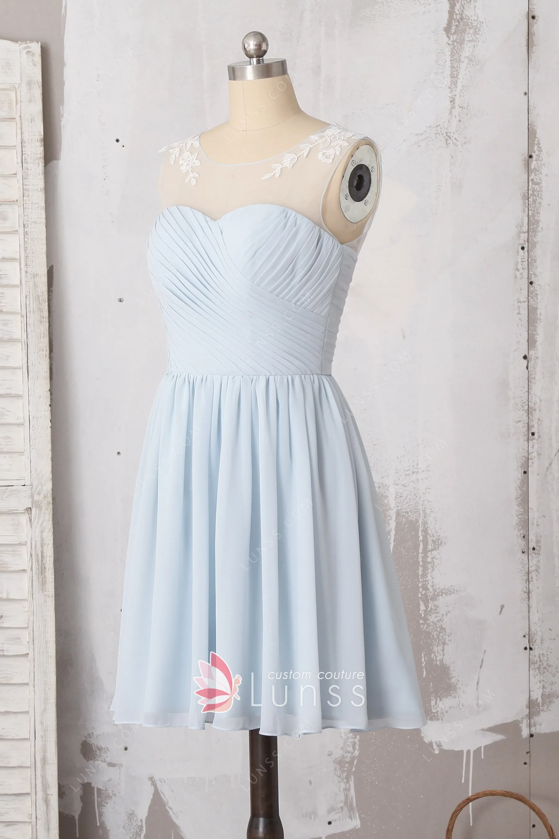 Light Blue Chiffon Lace Cap Sleeve Short Bridesmaid Dress - Lunss