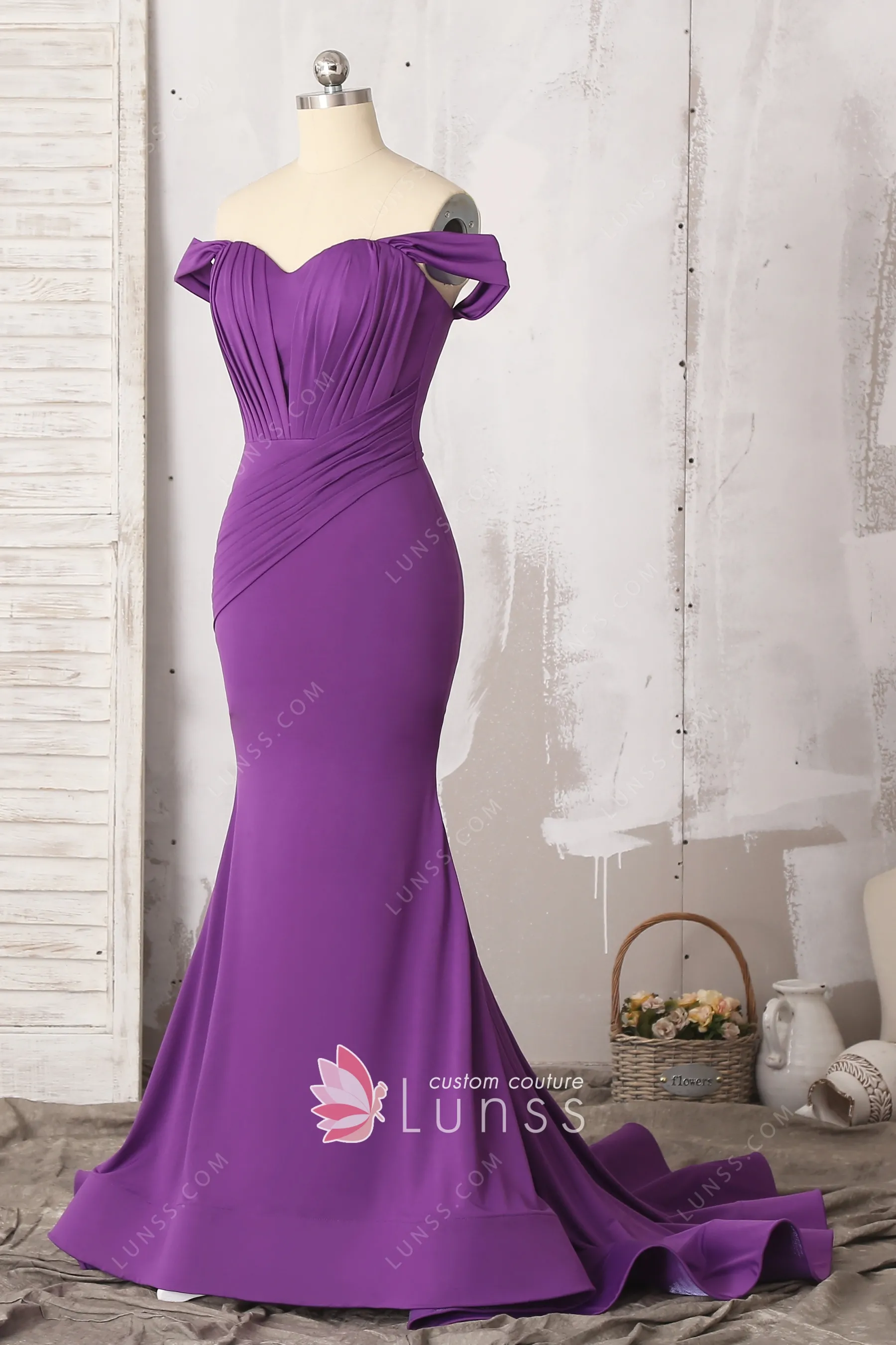 Pleated Purple Spandex Off-the-shoulder Mermaid Dress - Lunss