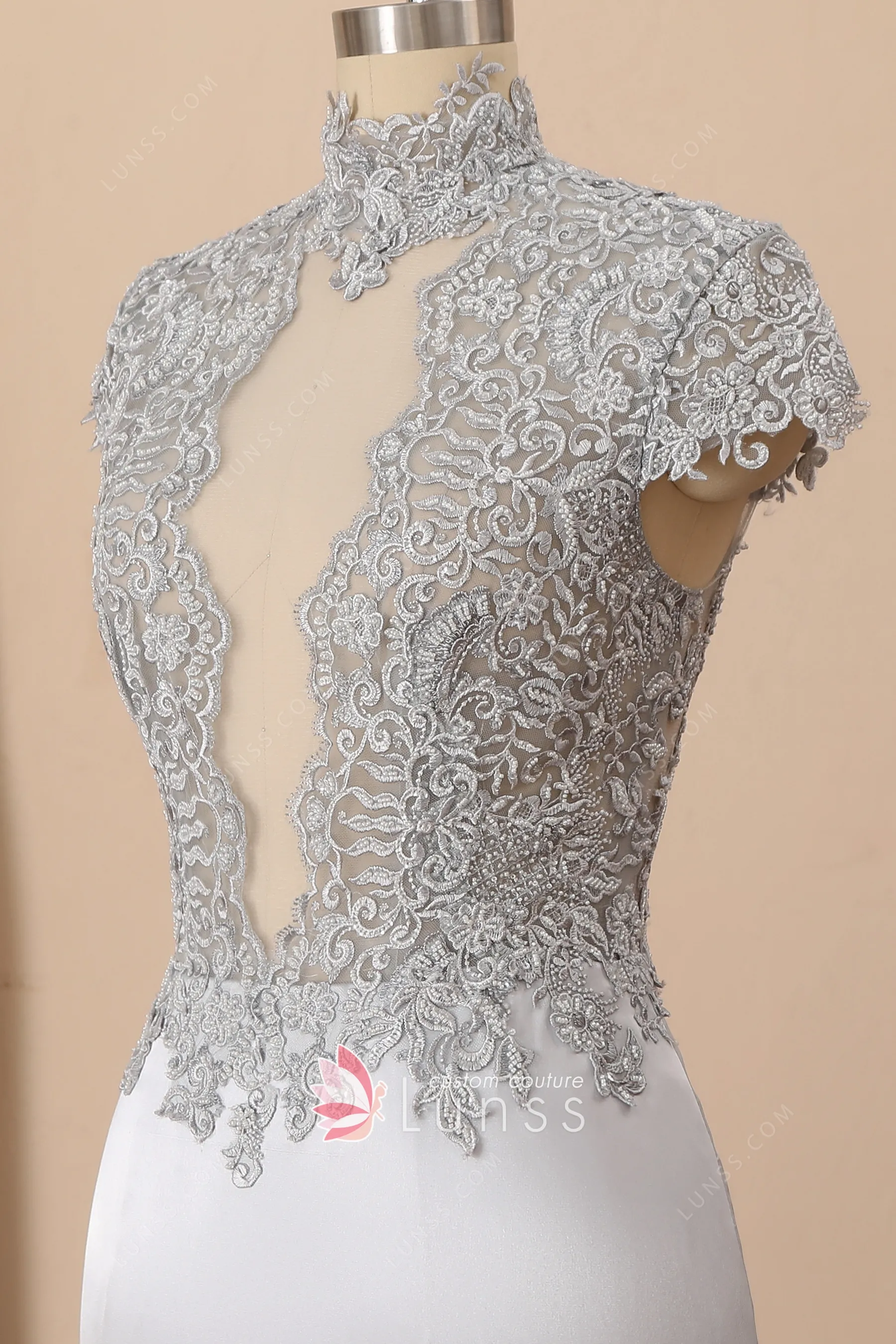 Scalloped Cut-out Silver Beaded Lace 3D Rosette Prom Gown - Lunss