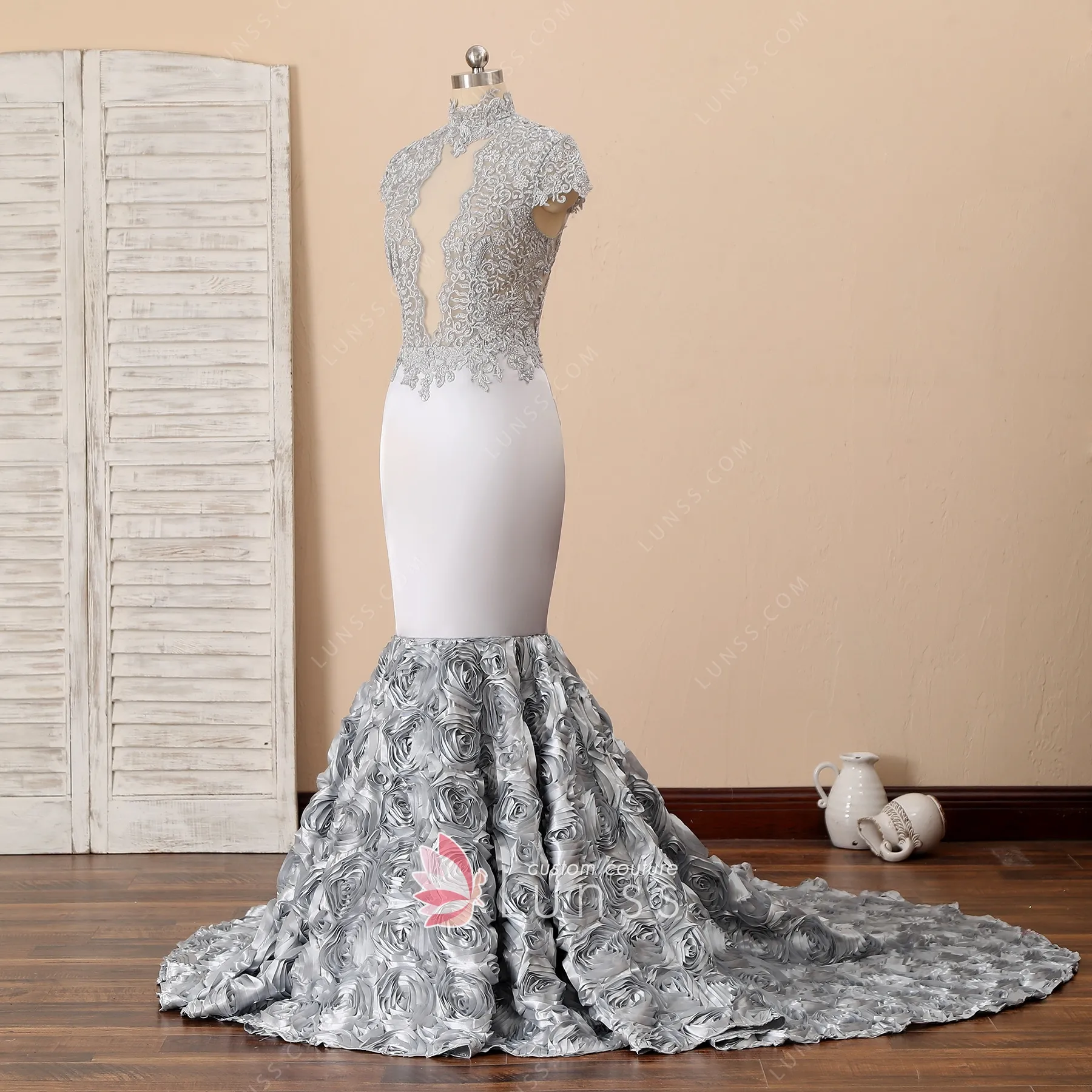 Scalloped Cut-out Silver Beaded Lace 3D Rosette Prom Gown - Lunss