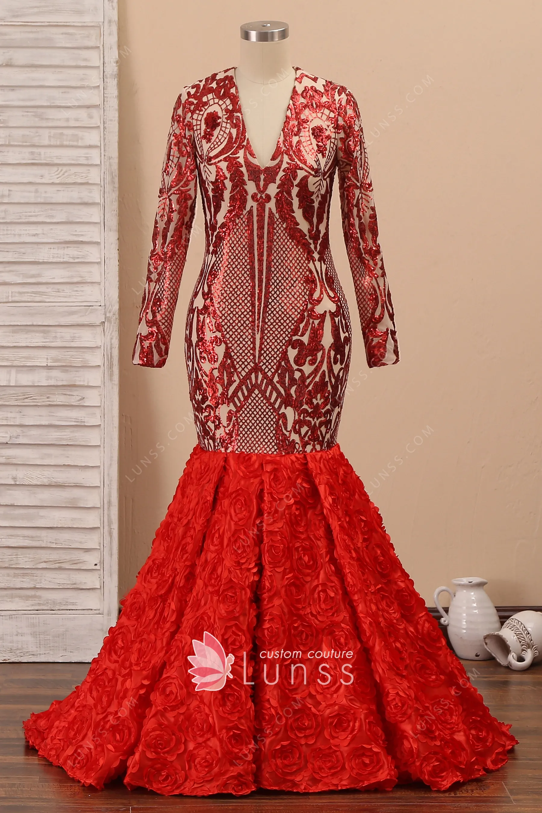 Unique Geometric Sequin and 3D Rose Trumpet Red Prom Gown - Lunss