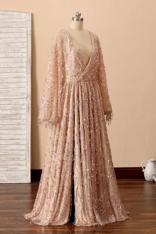 Amazing Gold Tassel Sequin Long Sleeve Formal Dress - Lunss