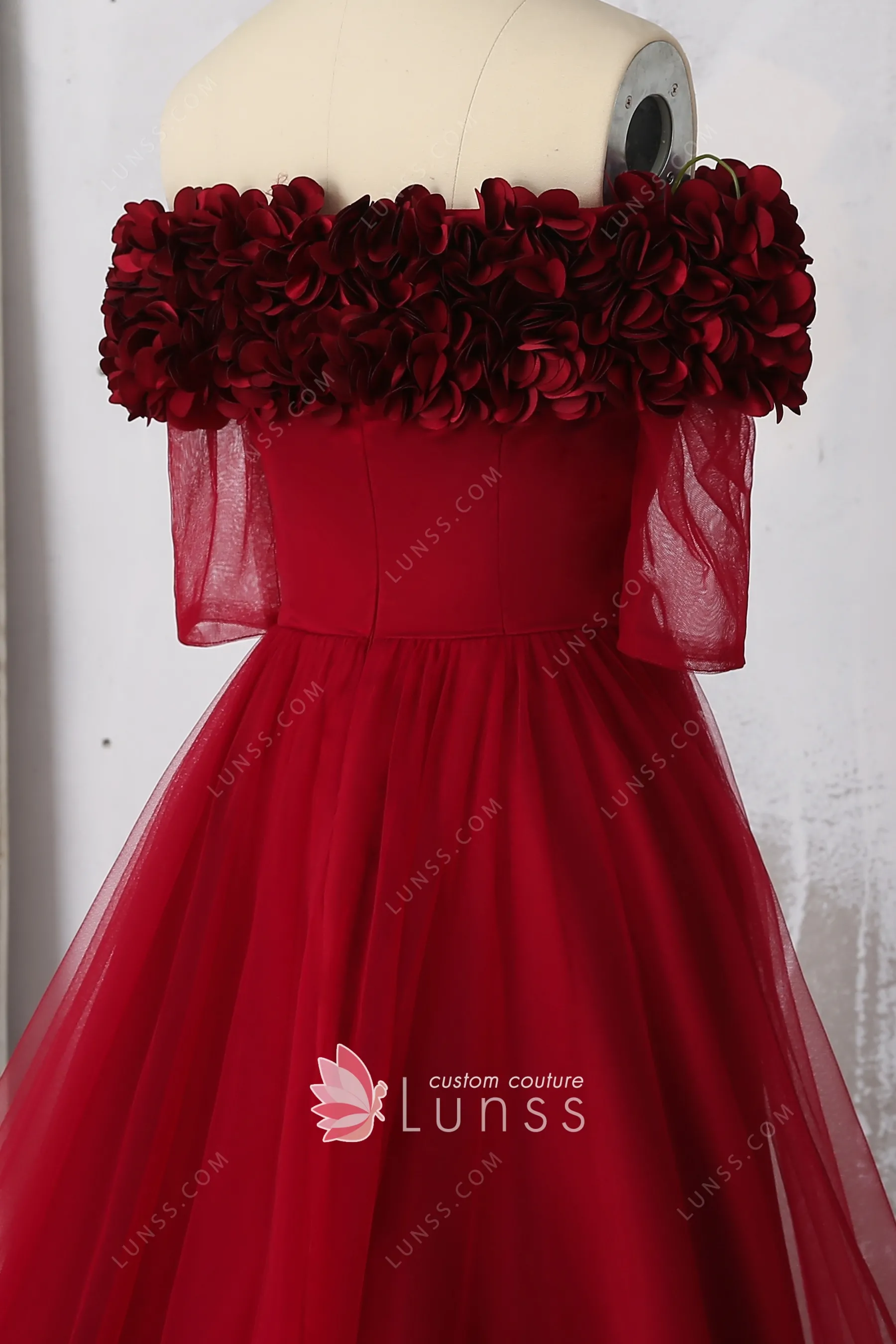 Fairy Floral Off-the-shoulder Burgundy Slit Prom Dress - Lunss