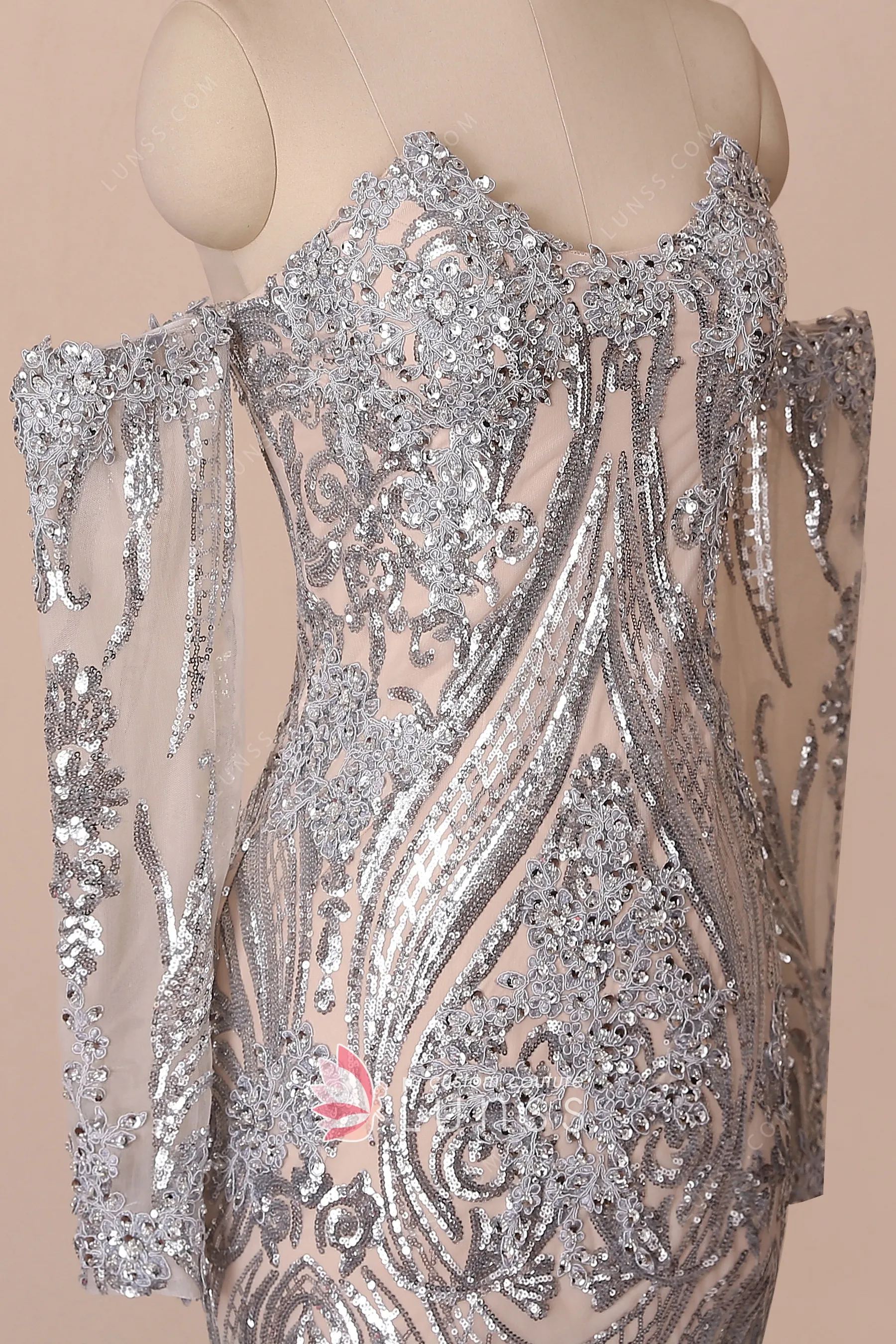 Off-shoulder Sleeve Unique Sequin and Feather Prom Dress - Lunss