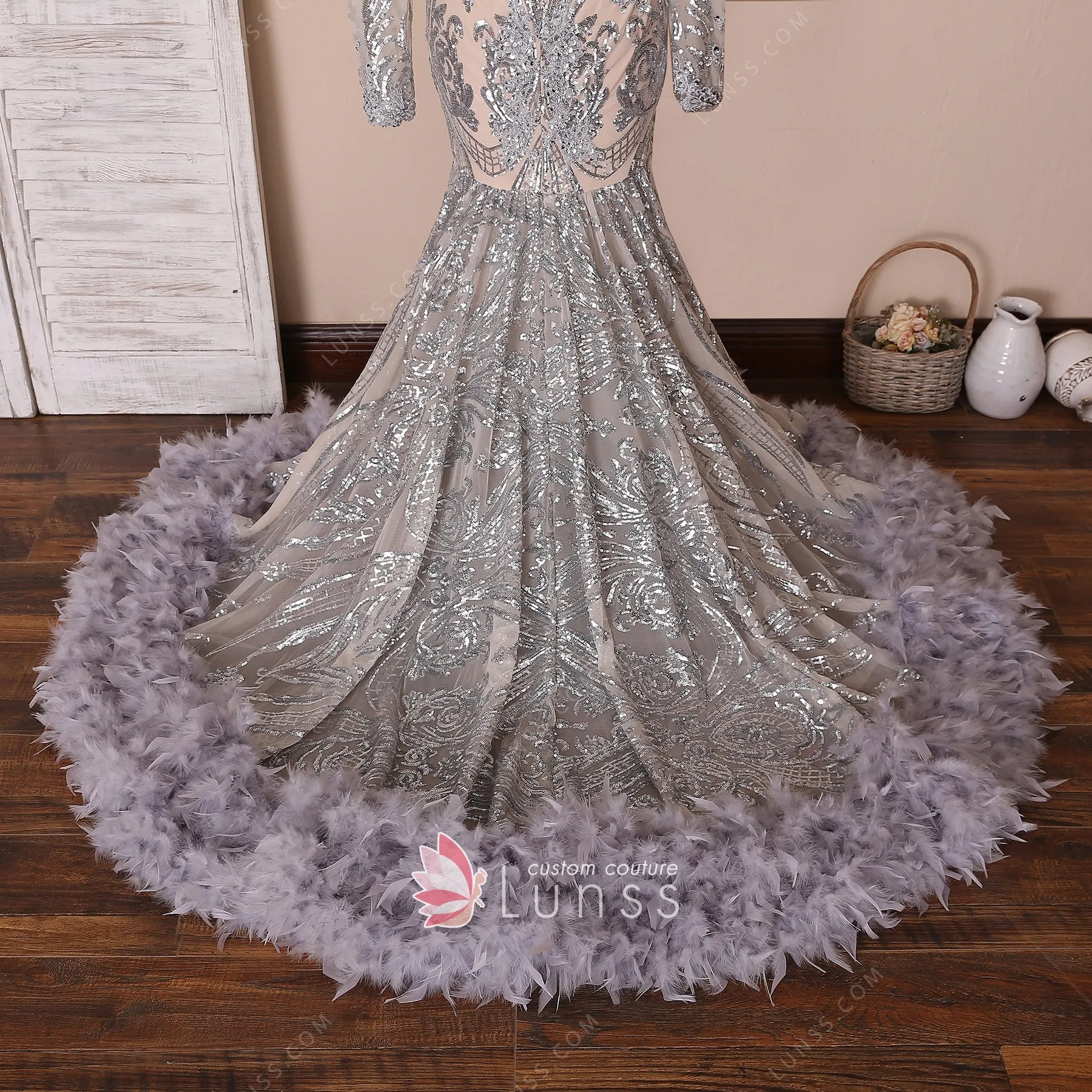 Off-shoulder Sleeve Unique Sequin and Feather Prom Dress - Lunss