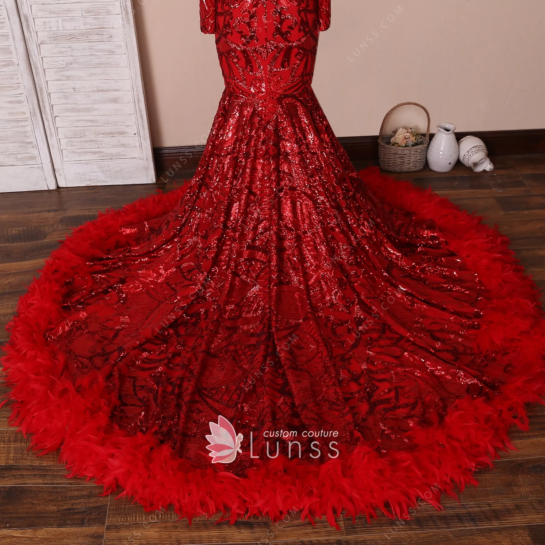 Unique Sequin & Feather African American Red Prom Dress - Lunss