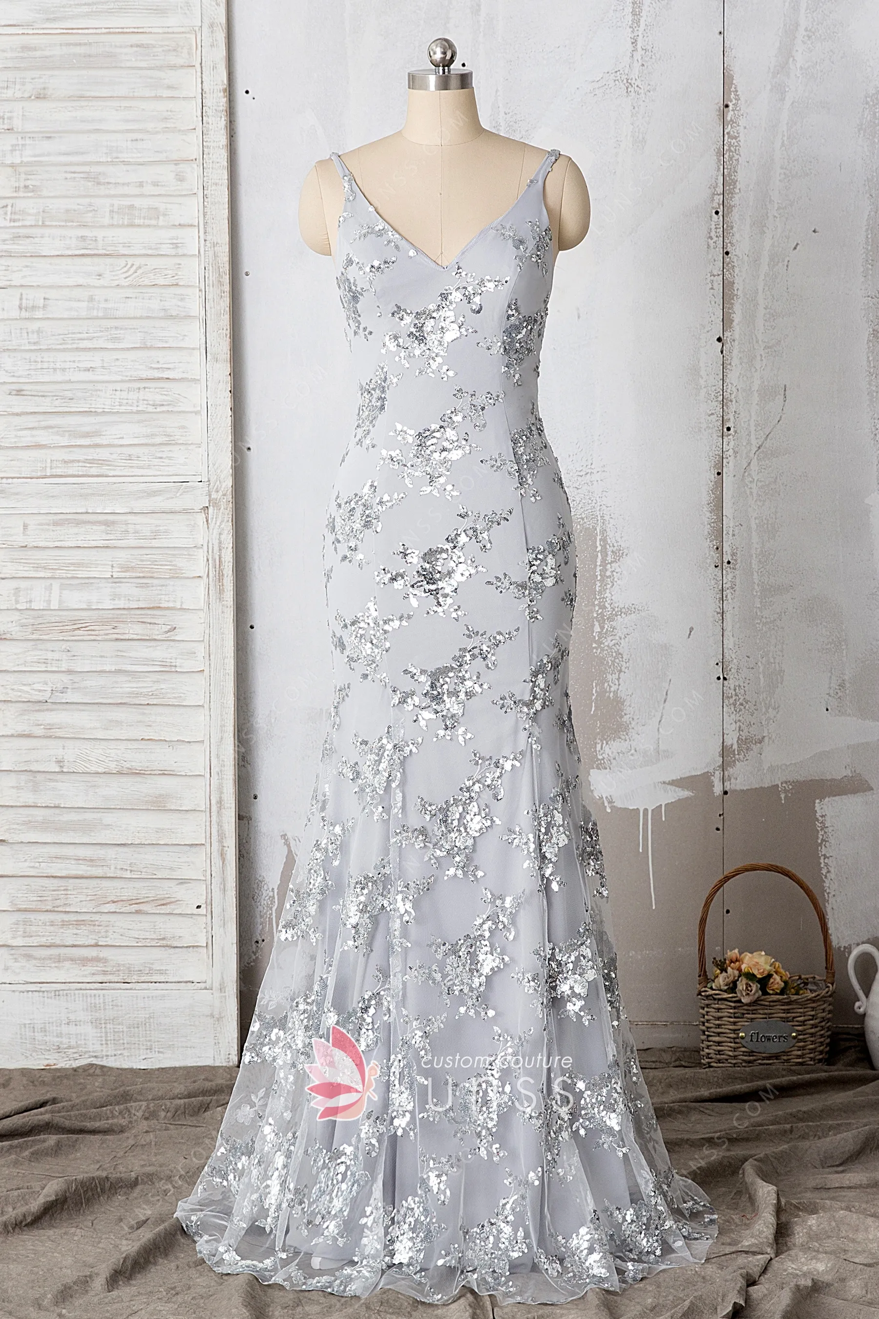 Silver Floral Glitter Sequin Fancy Gray Mermaid Prom Gown - Lunss