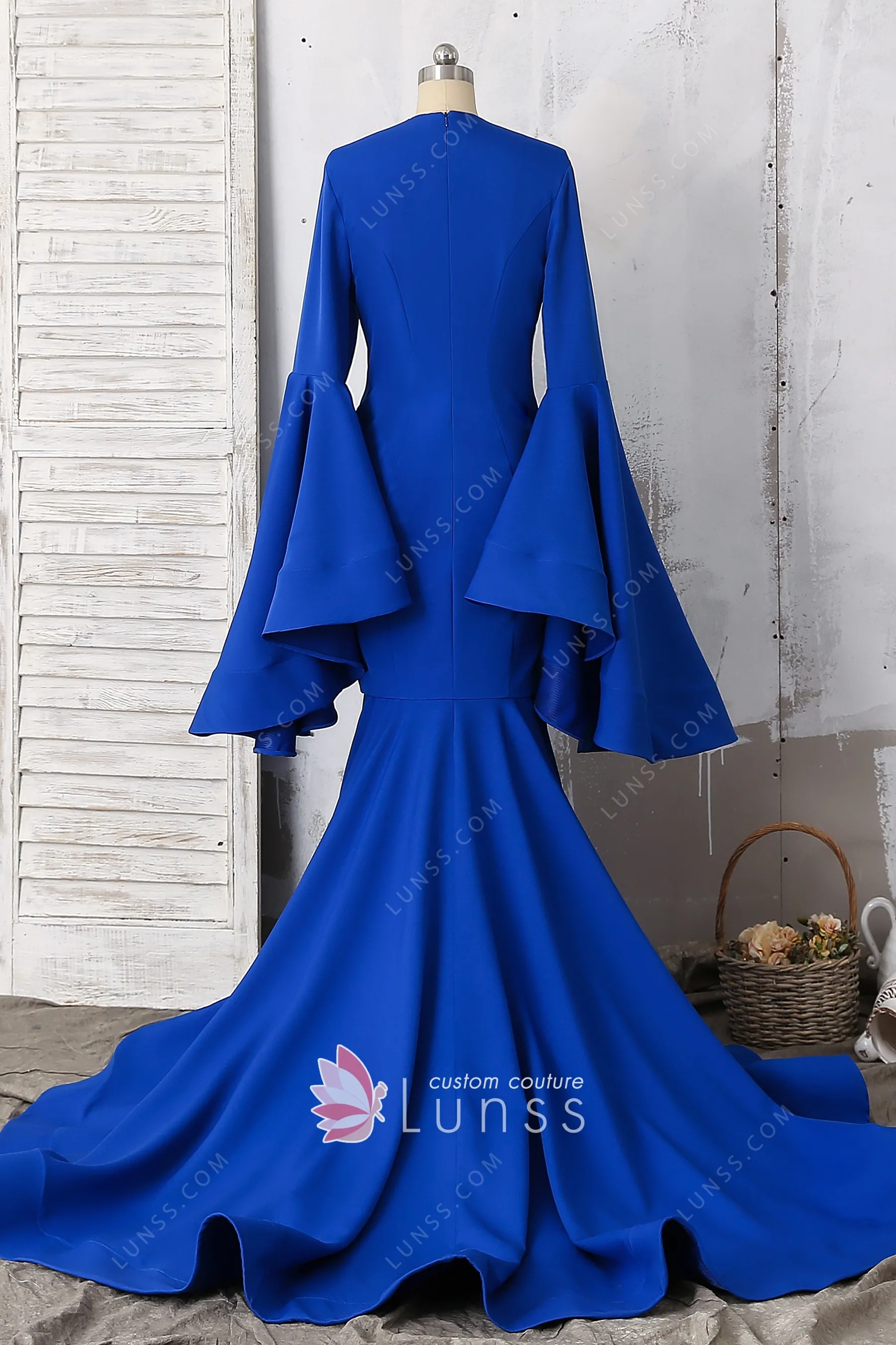 Vintage Inspired Bell Sleeve Royal Blue Trumpet Prom Gown - Lunss