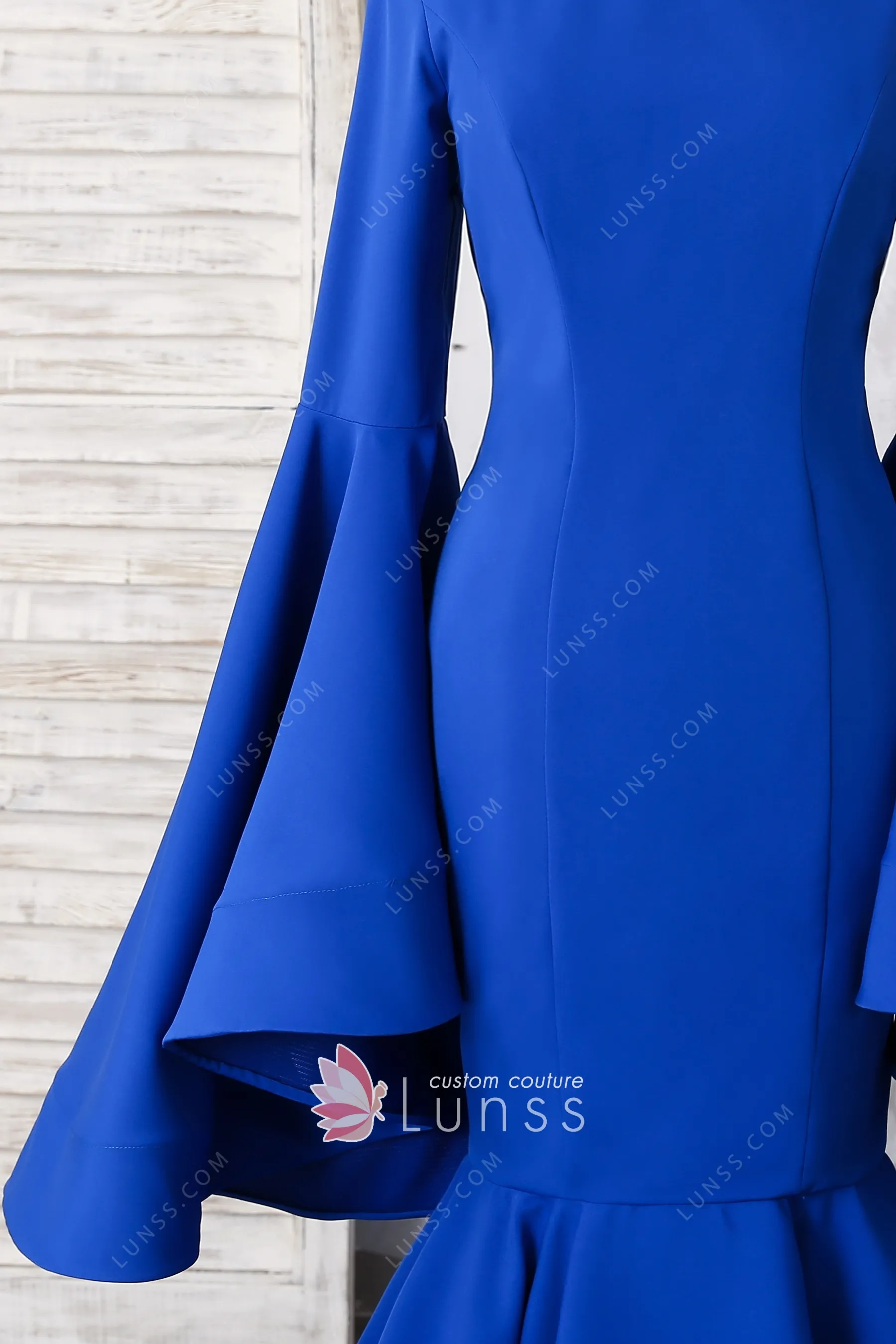 Vintage Inspired Bell Sleeve Royal Blue Trumpet Prom Gown - Lunss
