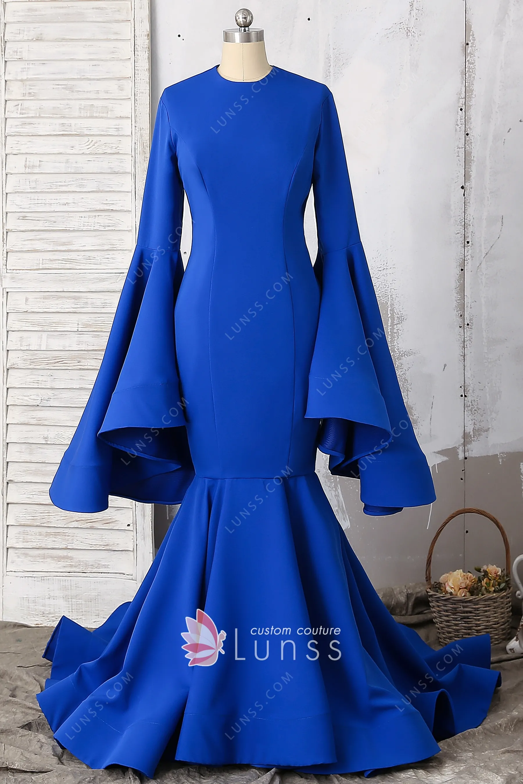Vintage Inspired Bell Sleeve Royal Blue Trumpet Prom Gown - Lunss