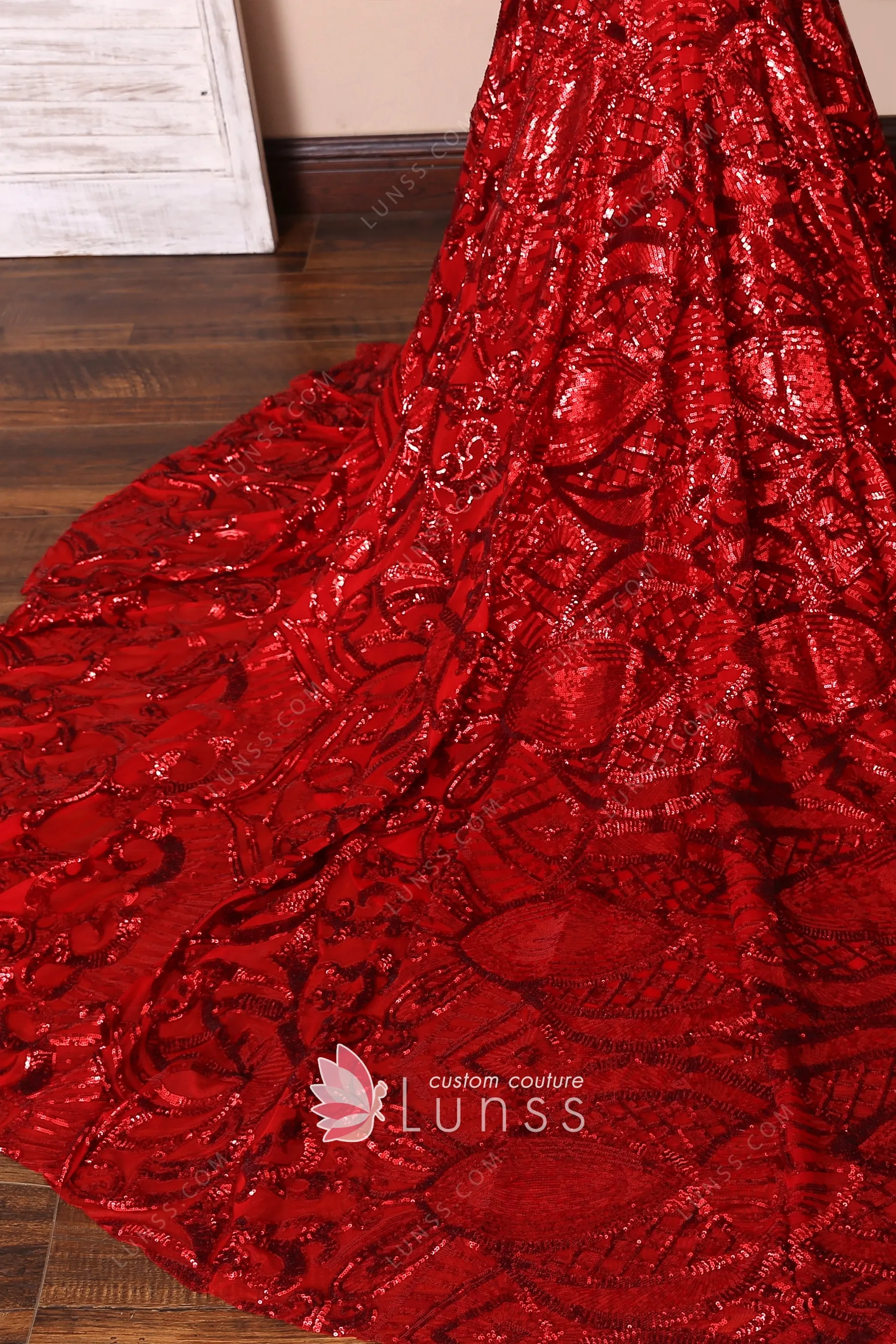 Sparkly Red Unique Sequin High Neck Mermaid Prom Dress - Lunss