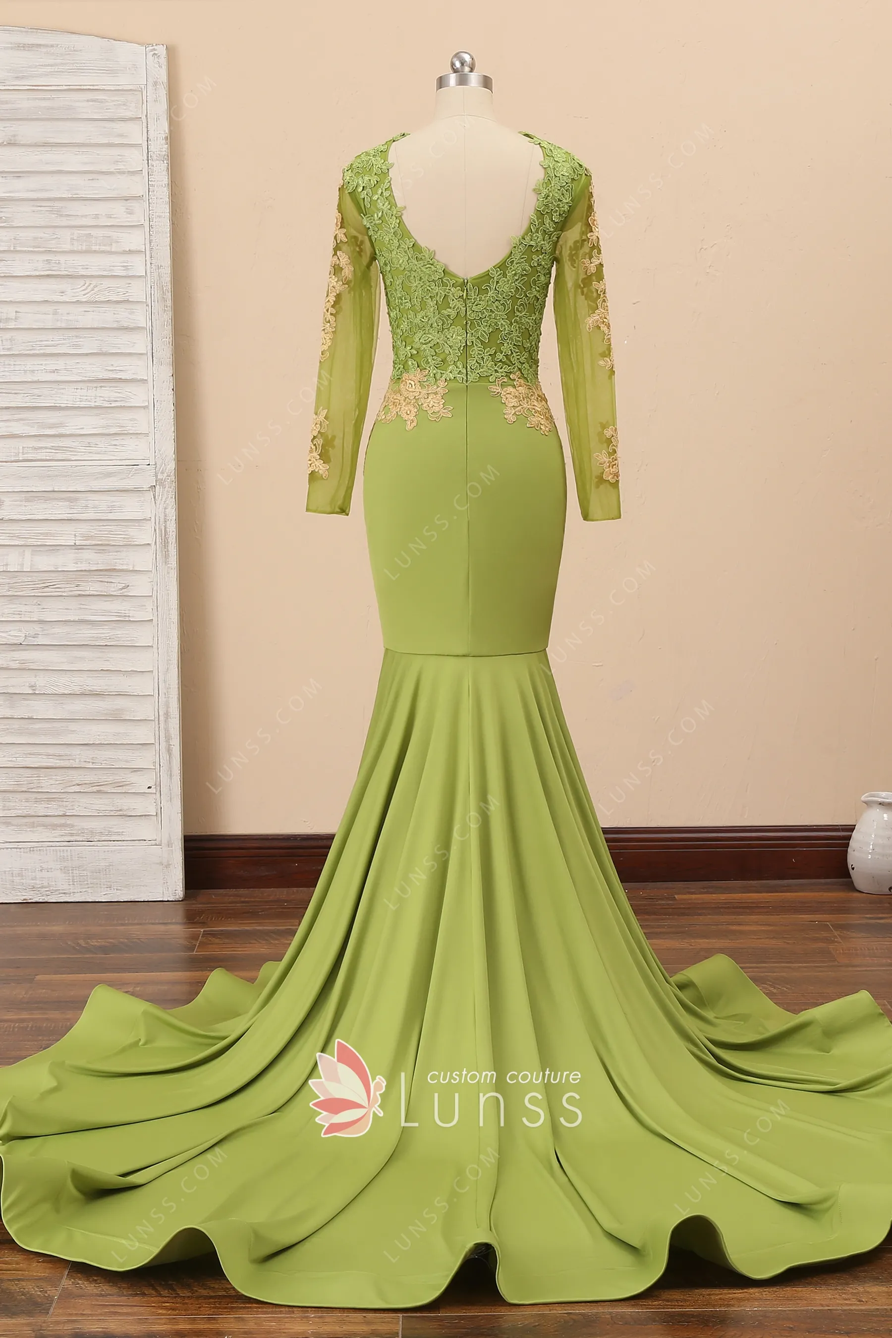 Plunging V-neck Olive Lace and Jersey Mermaid Prom Dress - Lunss