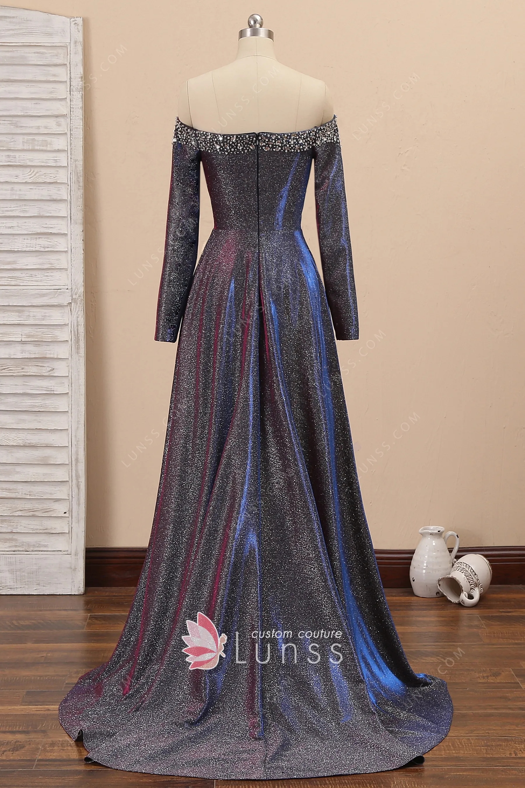 Beaded Galaxy Purple Shimmering Sexy Slit Long Prom Gown - Lunss