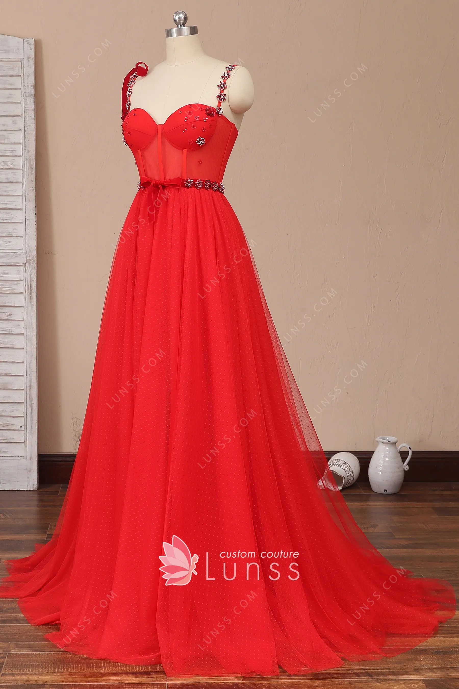 Beaded Red Sweetheart Corset Dot Tulle Fairy Formal Dress - Lunss