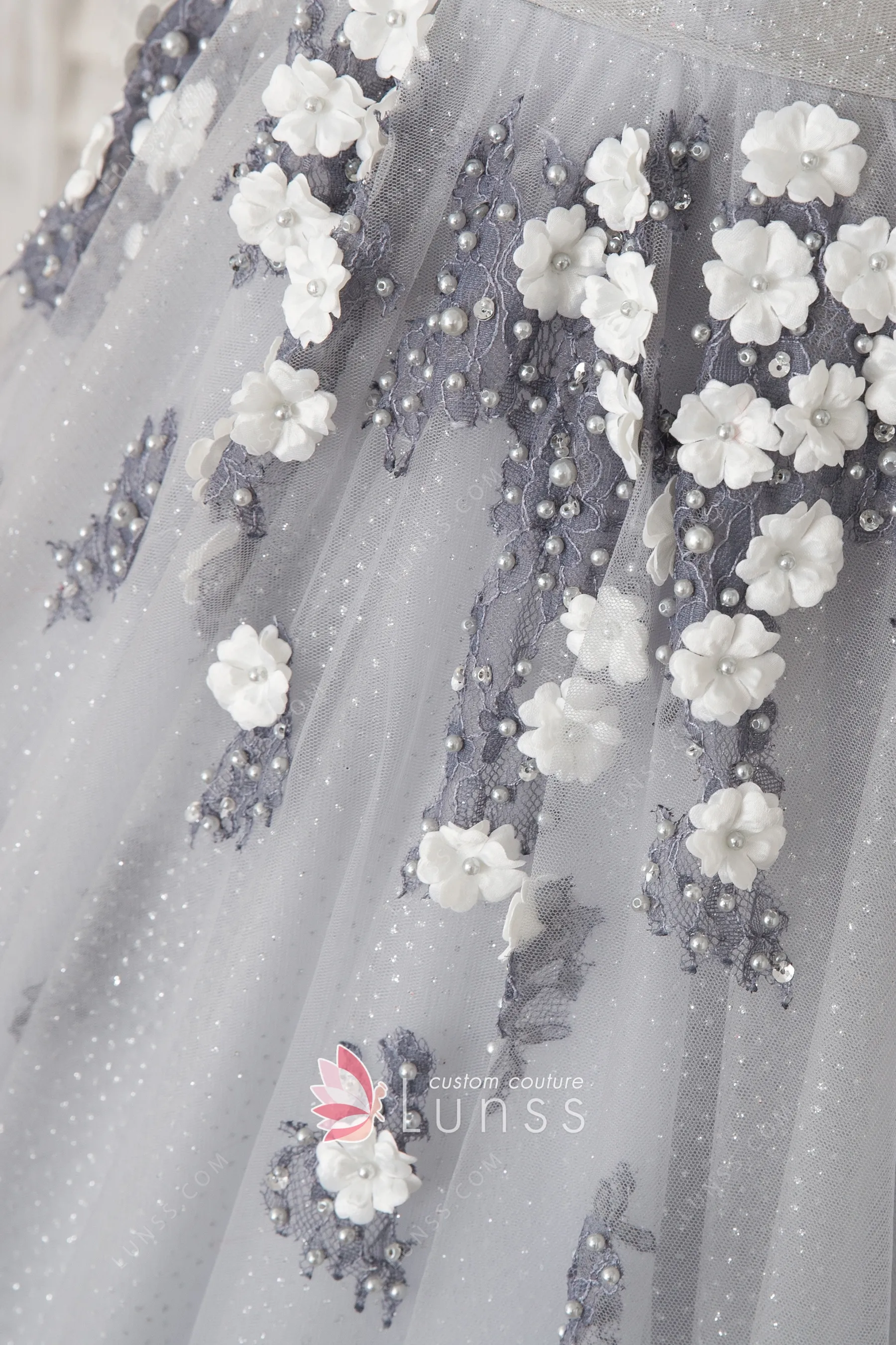 Illusion Corset Silver Glitter Tulle Flower Prom Dress - Lunss