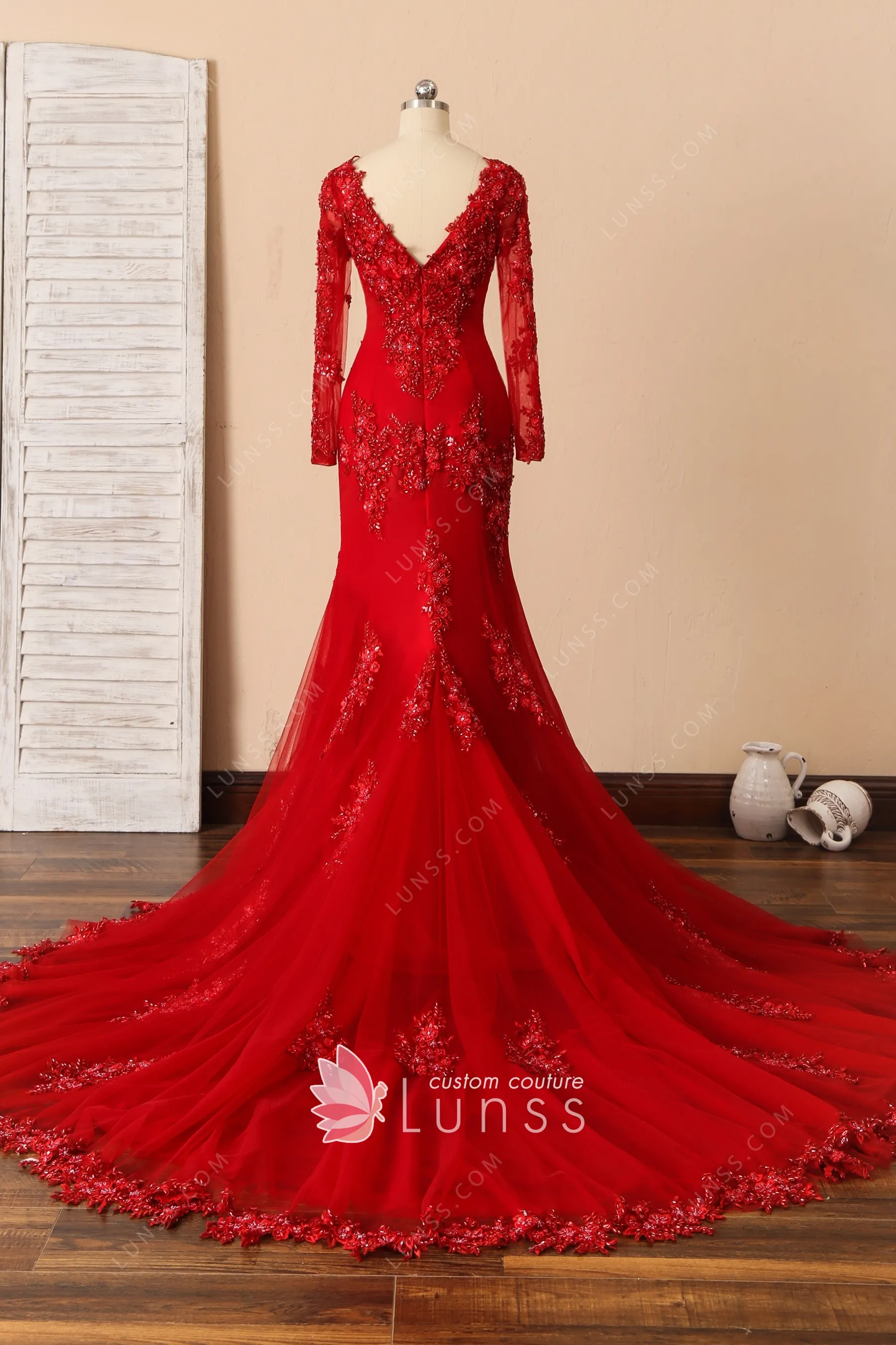 Designer Red Beaded Lace Long Sleeve Slit Prom Dress - Lunss