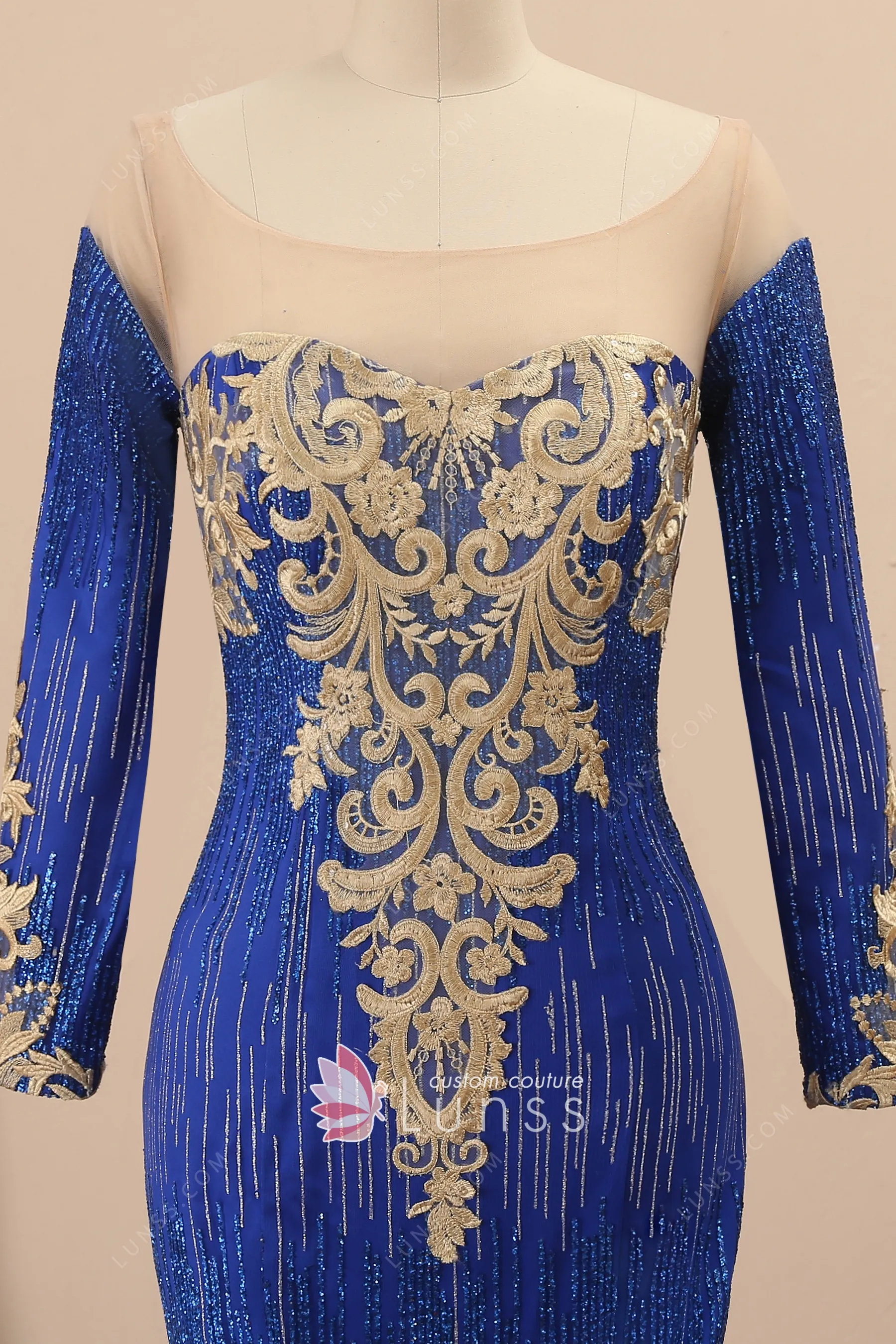 Unique Gold Lace Appliqued Starry Blue Trumpet Prom Dress - Lunss