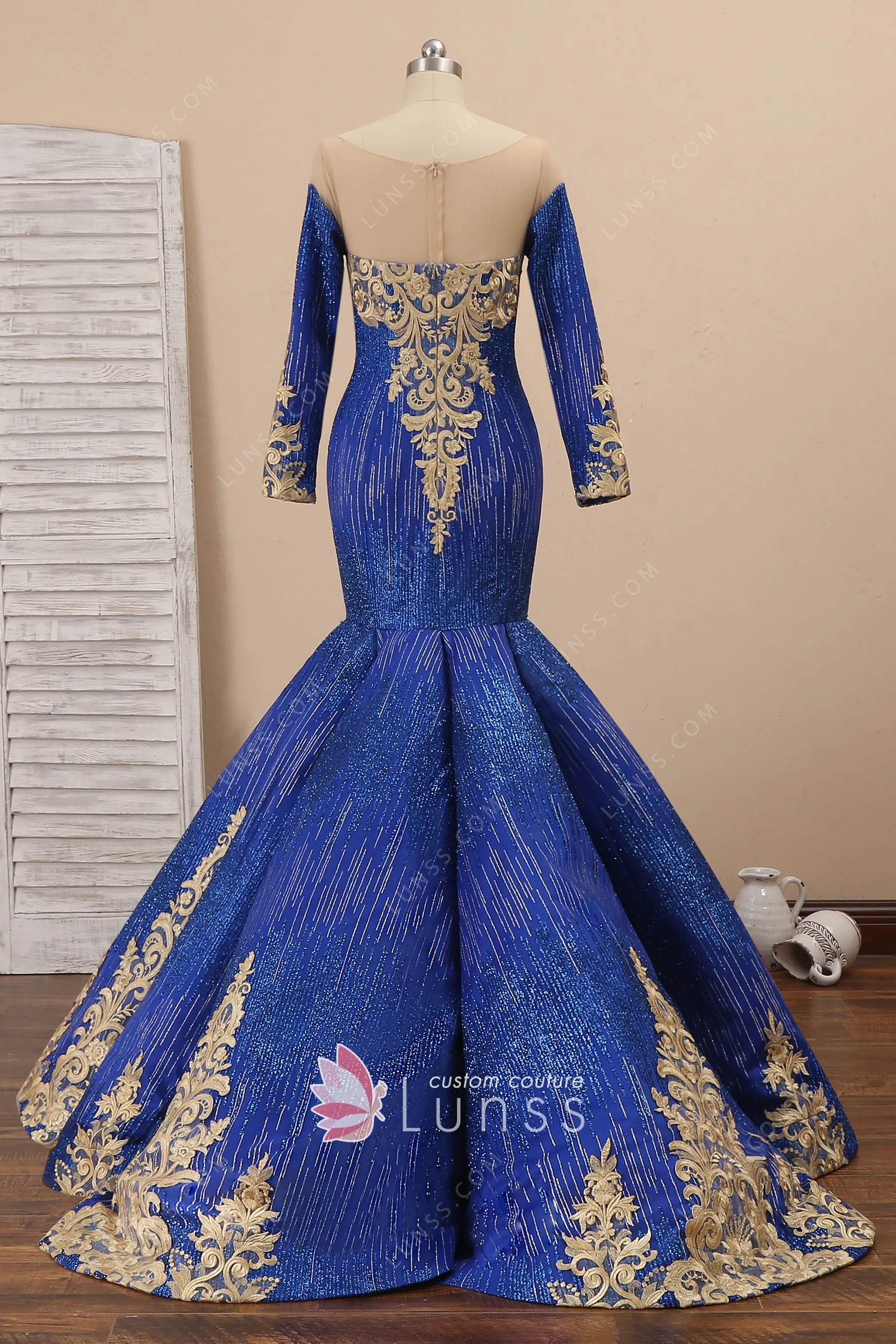 Unique Gold Lace Appliqued Starry Blue Trumpet Prom Dress - Lunss