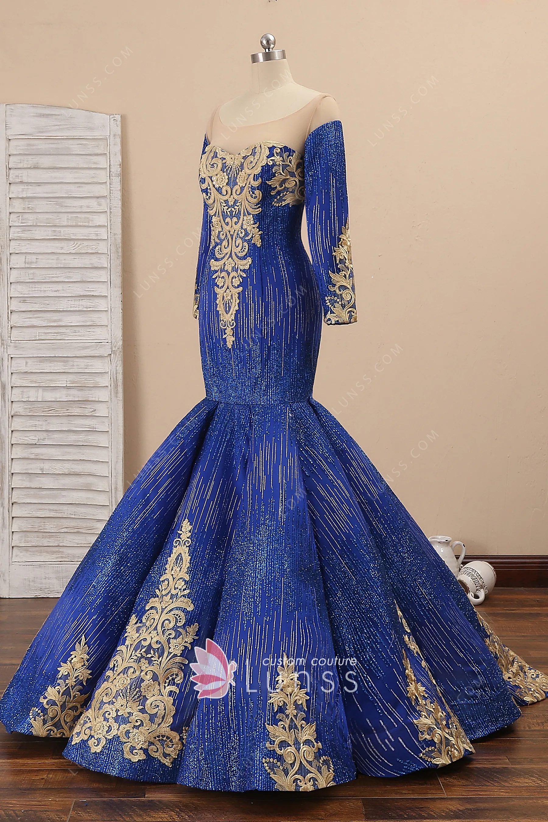 Unique Gold Lace Appliqued Starry Blue Trumpet Prom Dress - Lunss