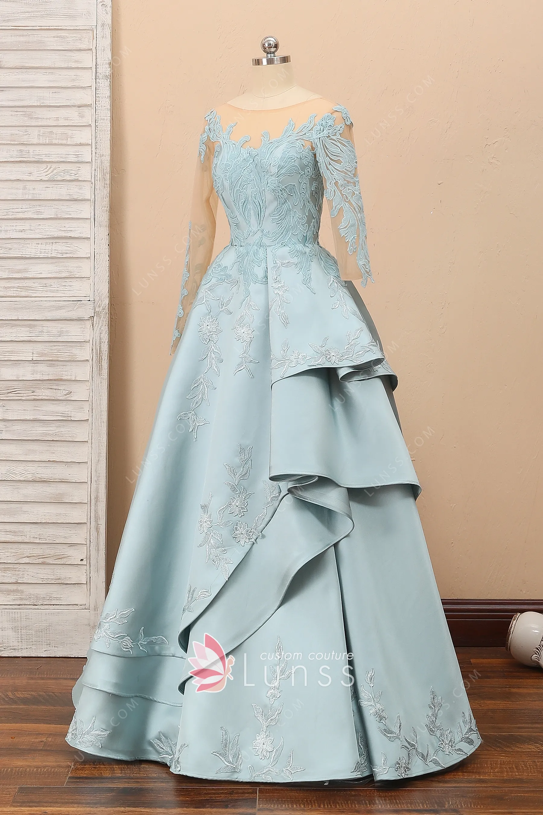 Ice Blue Unique Lace and Satin Layered Prom Gown - Lunss