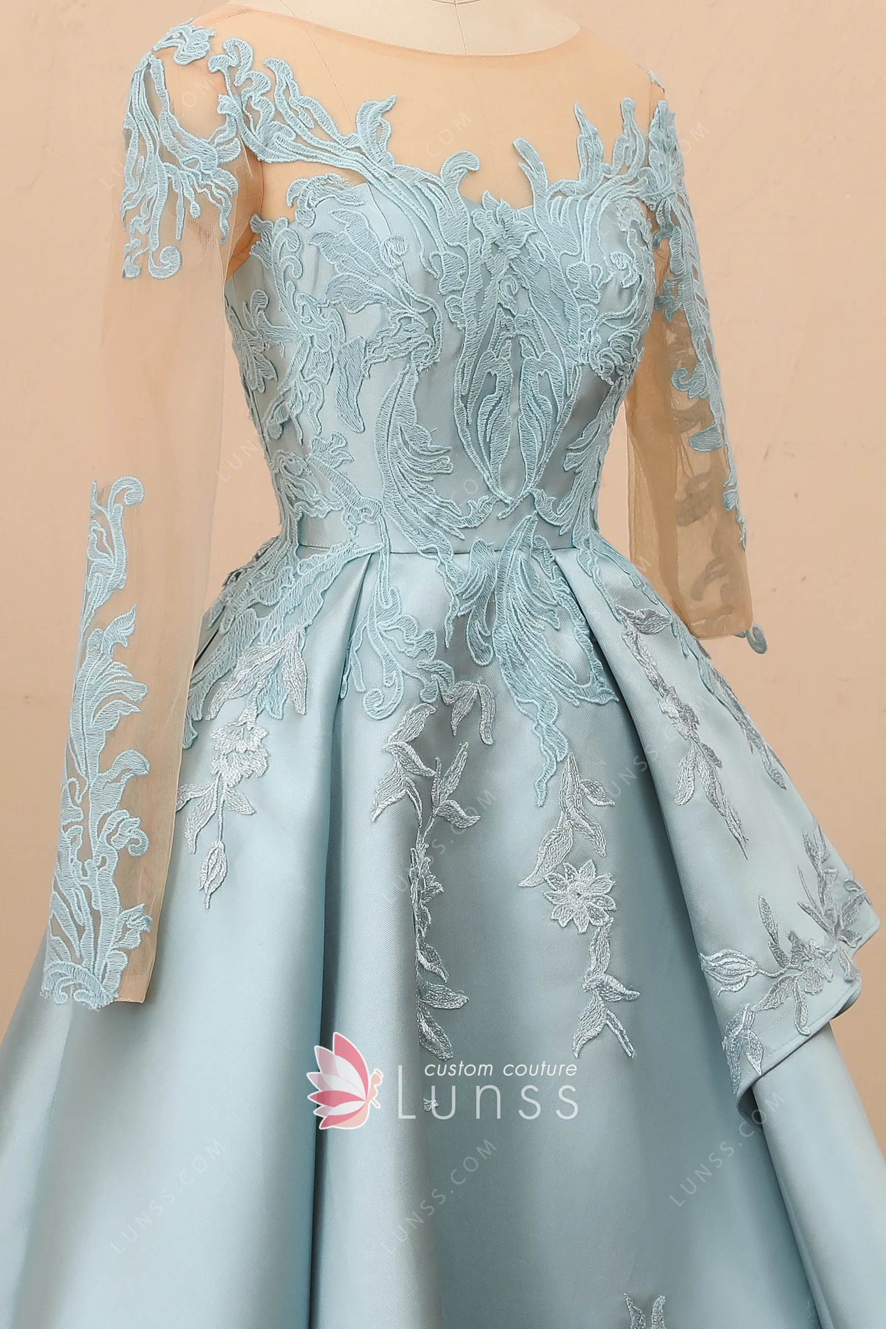 Ice Blue Unique Lace and Satin Layered Prom Gown - Lunss