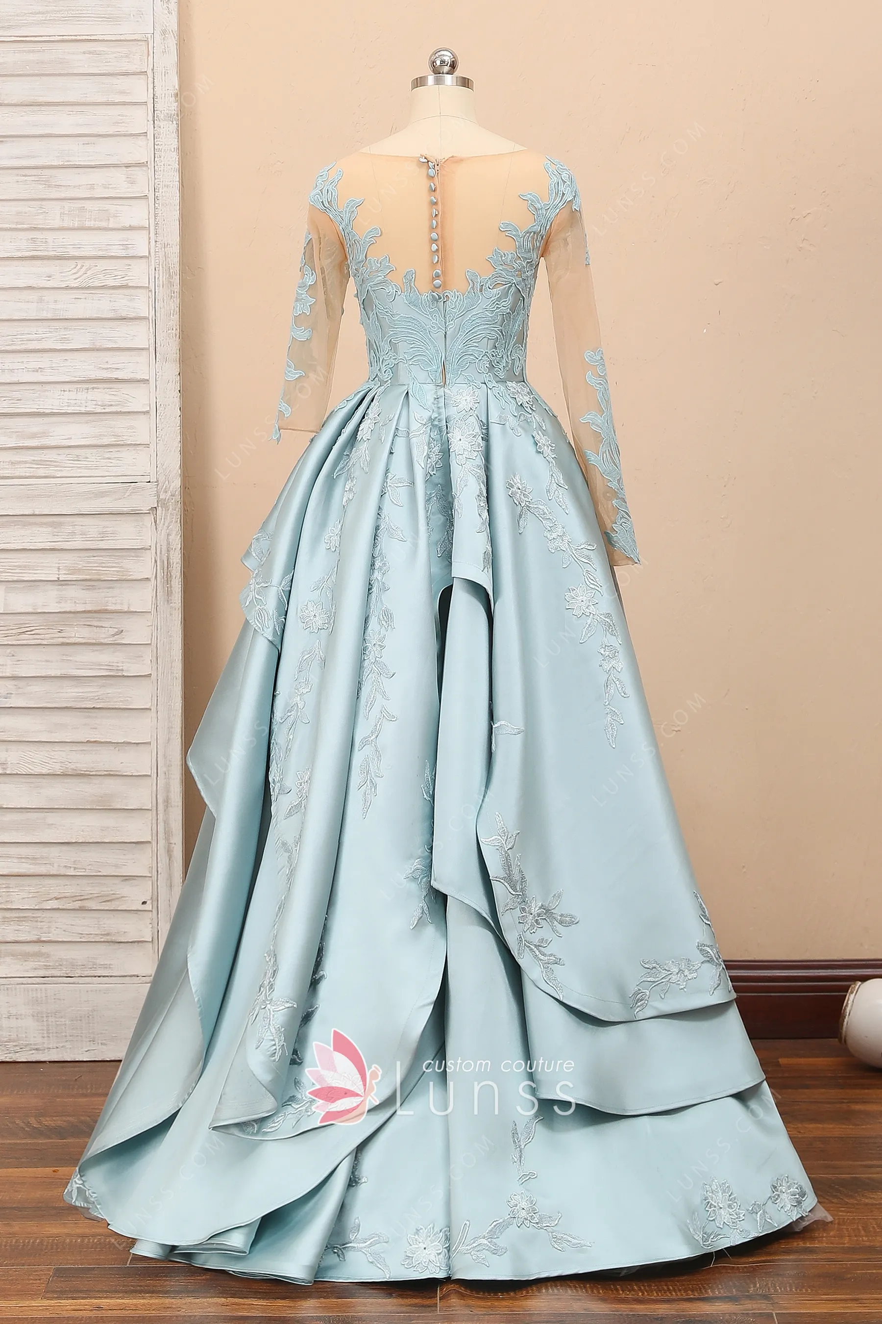 Ice Blue Unique Lace and Satin Layered Prom Gown - Lunss