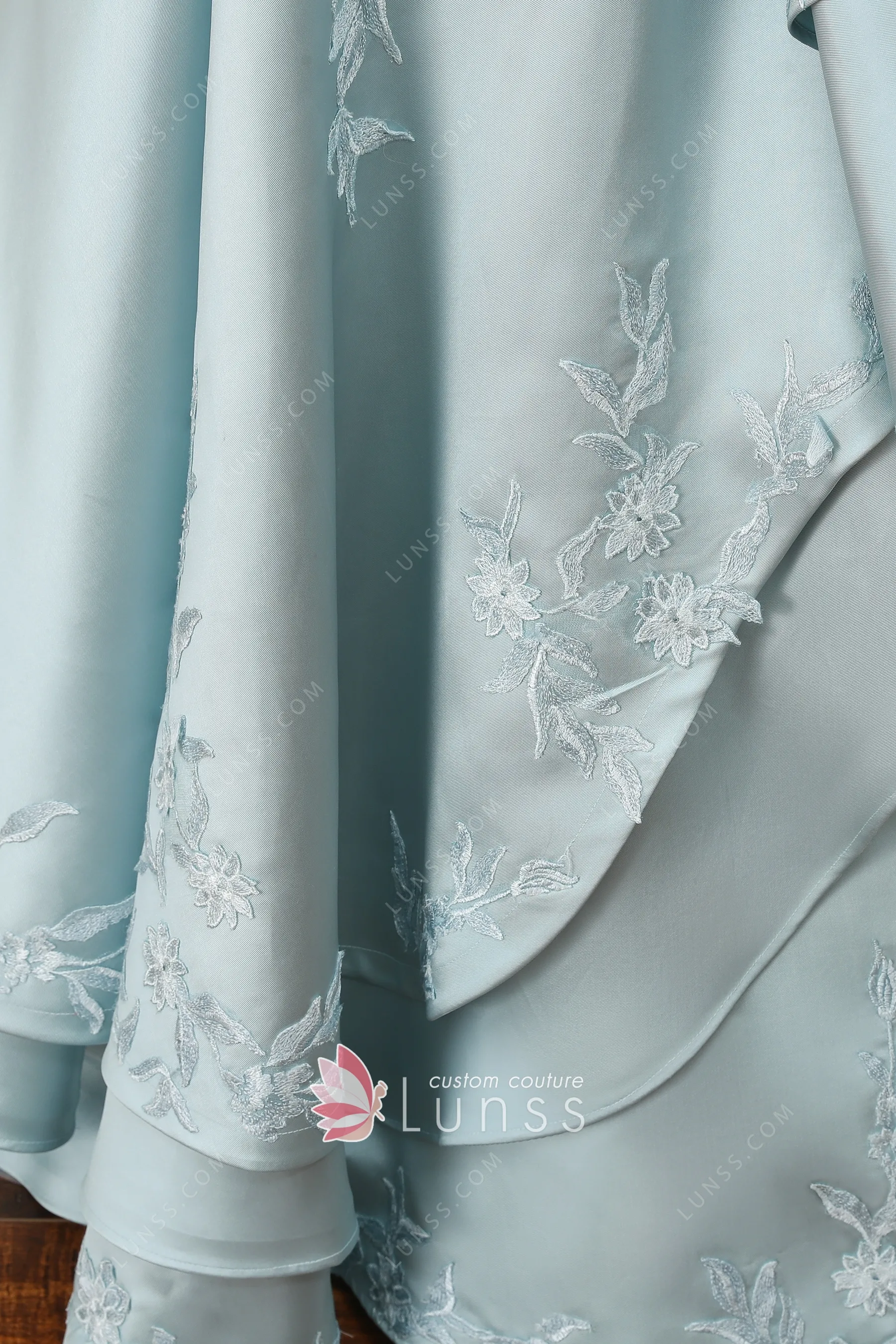 Ice Blue Unique Lace and Satin Layered Prom Gown - Lunss