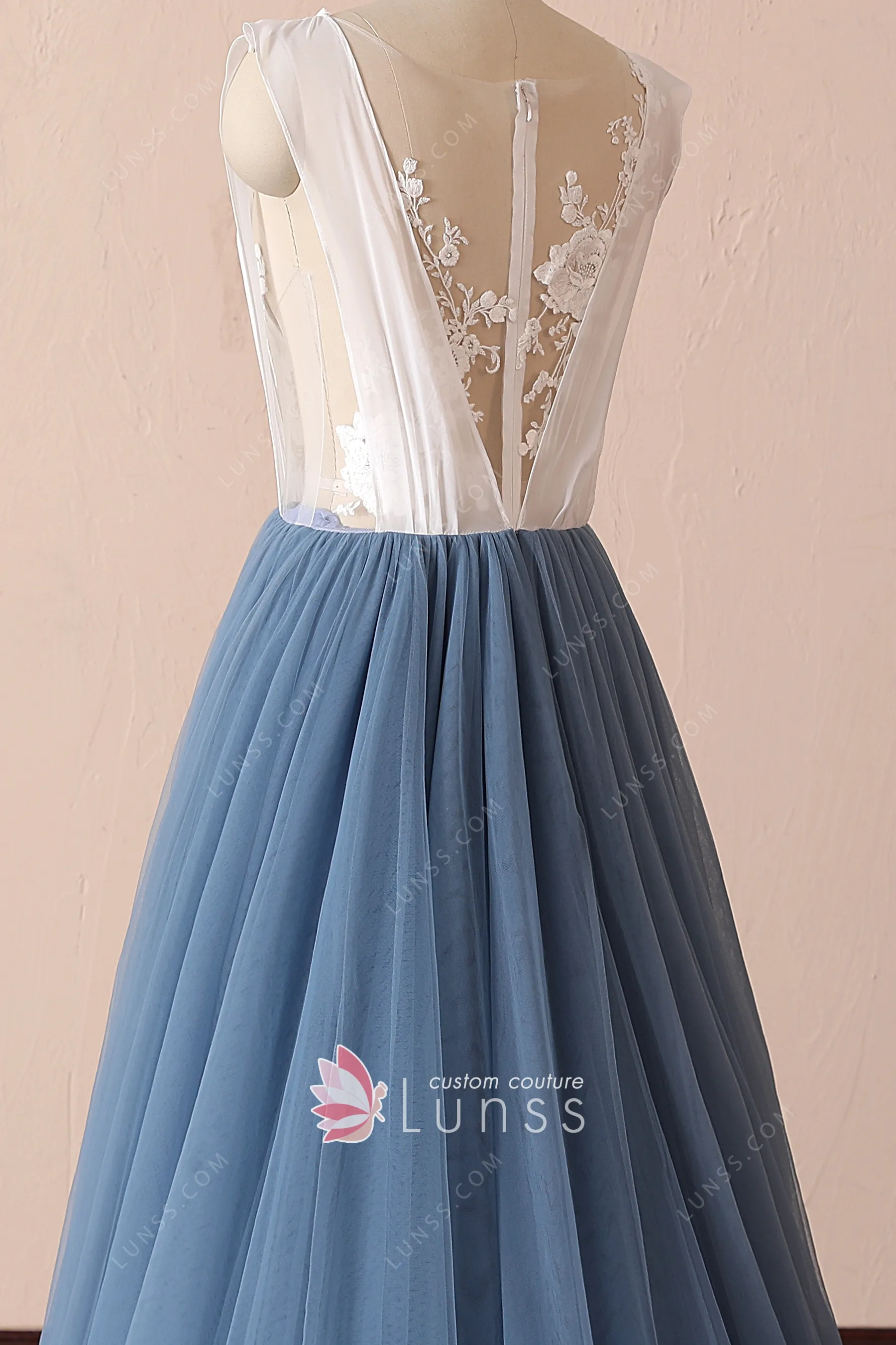 Illusion White Lace and Dusty Blue Tulle Two-tone Dress - Lunss