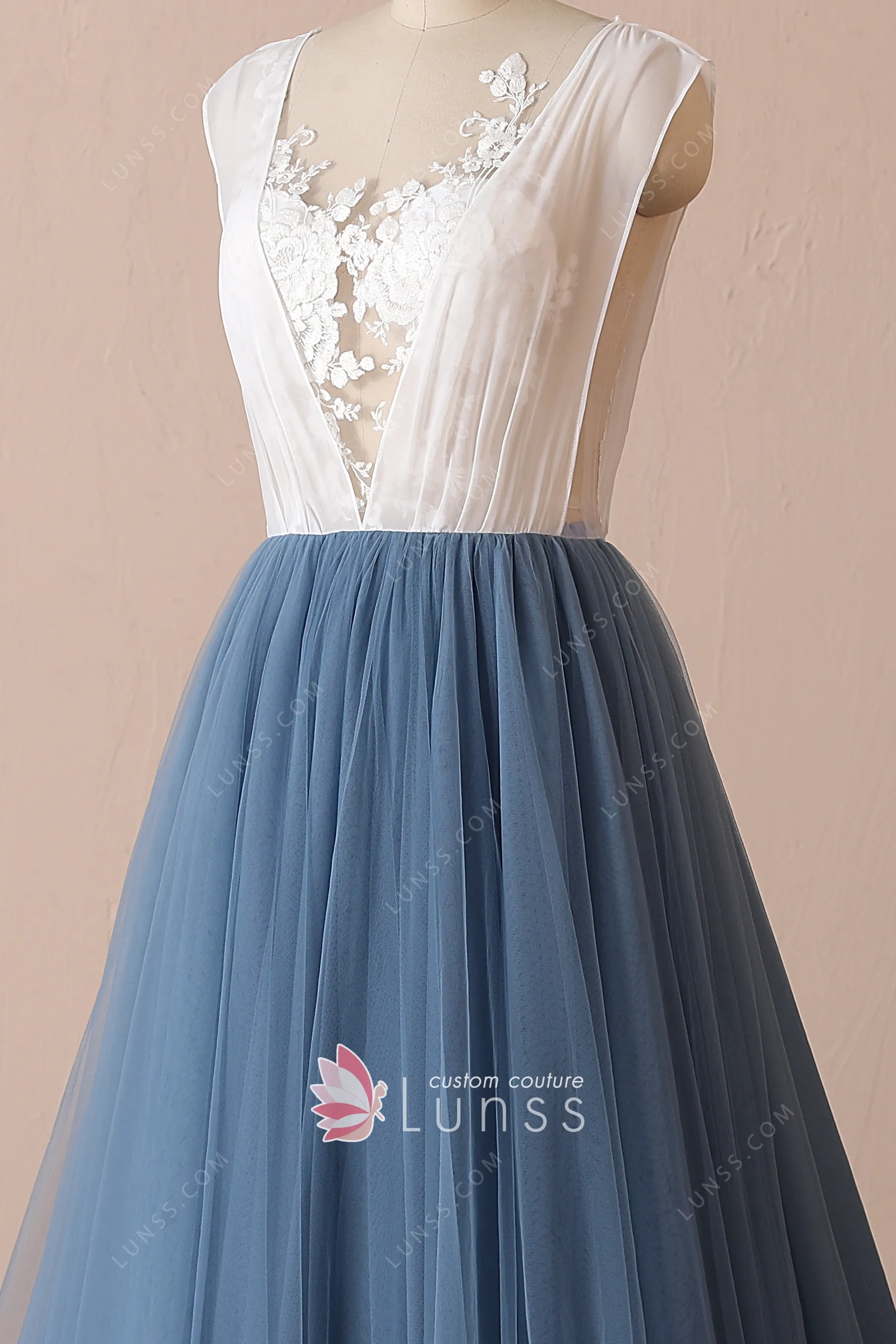 Illusion White Lace and Dusty Blue Tulle Two-tone Dress - Lunss