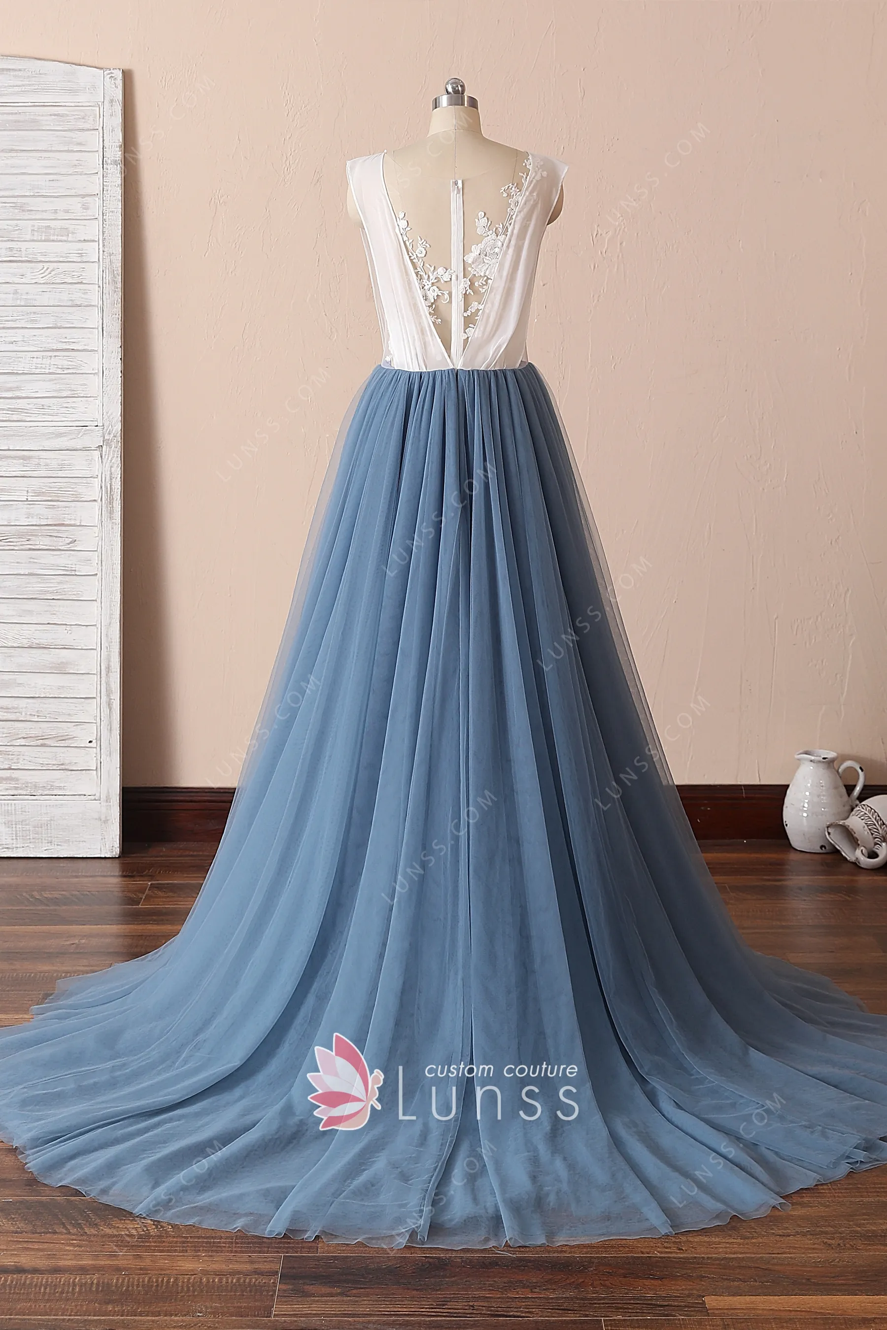 Illusion White Lace and Dusty Blue Tulle Two-tone Dress - Lunss