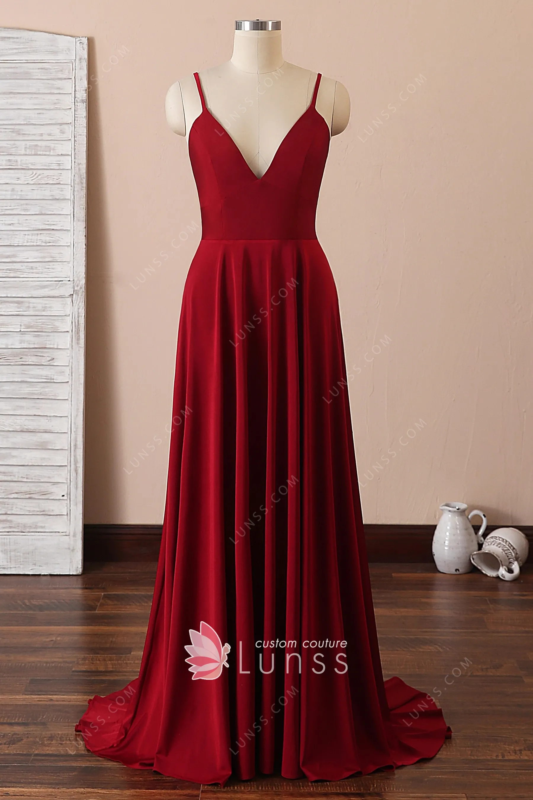 Deep V-neckline Thin Straps Dark Red Jersey Long Dress - Lunss