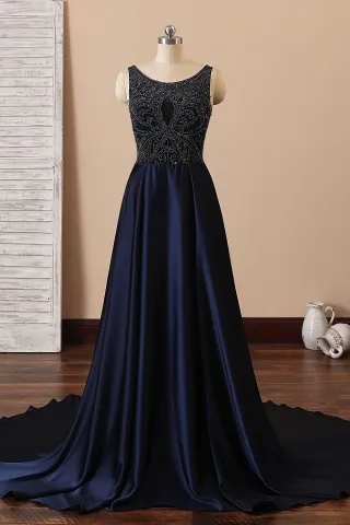 Classy Beaded Navy Blue Satin Open Back Long Prom Dress - Lunss