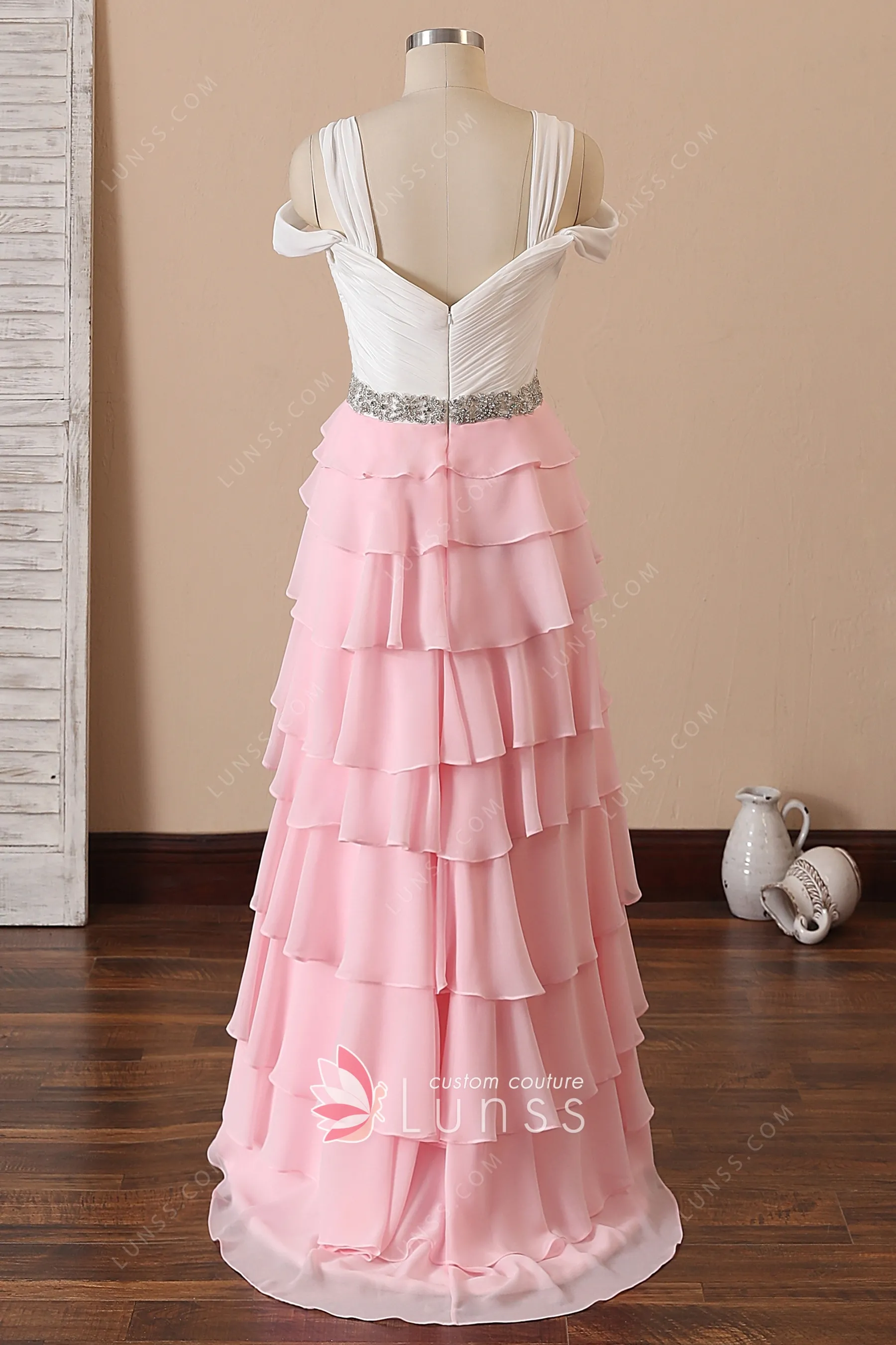 Pleated White Top Ruffled Pink Chiffon Two-tone Cute Gown - Lunss