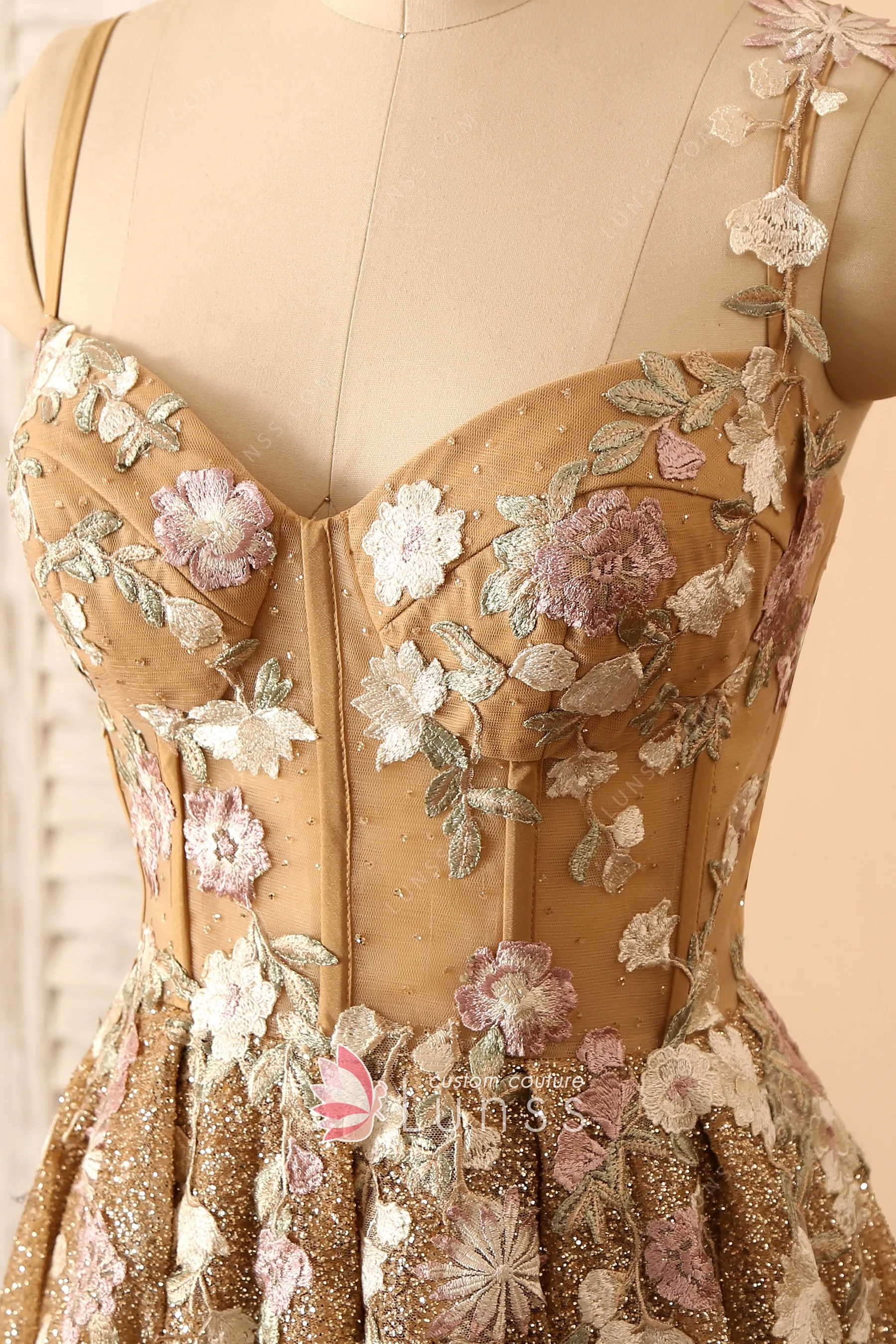 3D Flowers Corset Bodice Ombre Gold Glitter Prom Dress - Lunss