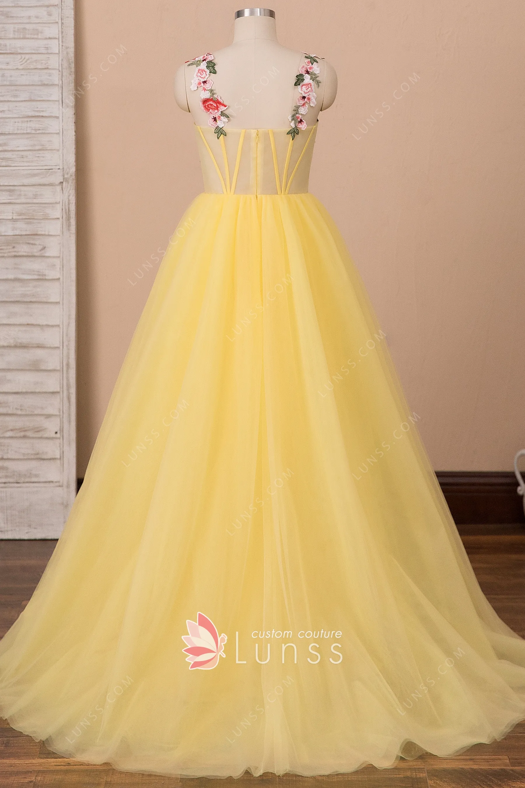 Flower Appliqued Yellow Tulle Corset Slit Prom Ball Gown - Lunss