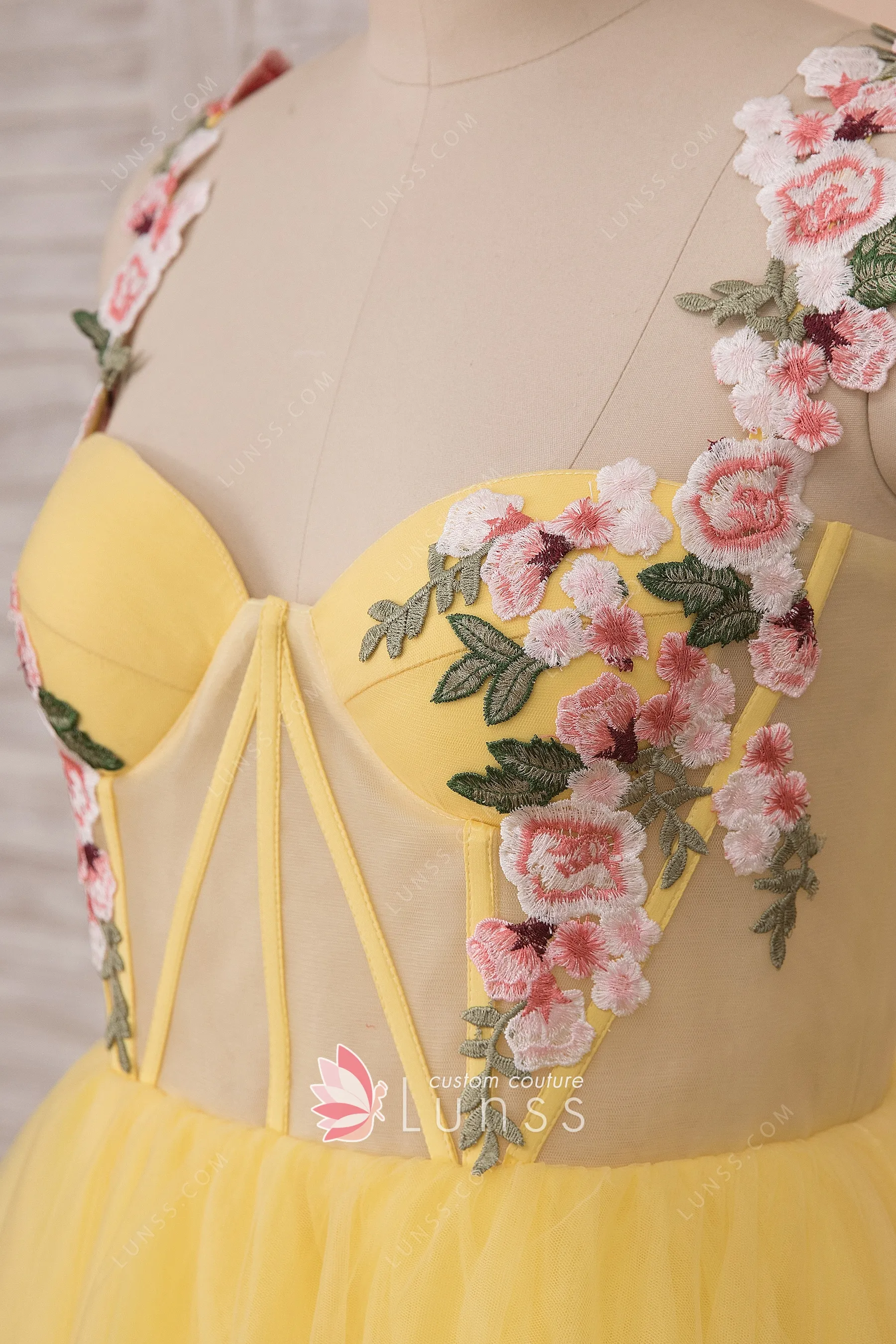 Flower Appliqued Yellow Tulle Corset Slit Prom Ball Gown - Lunss