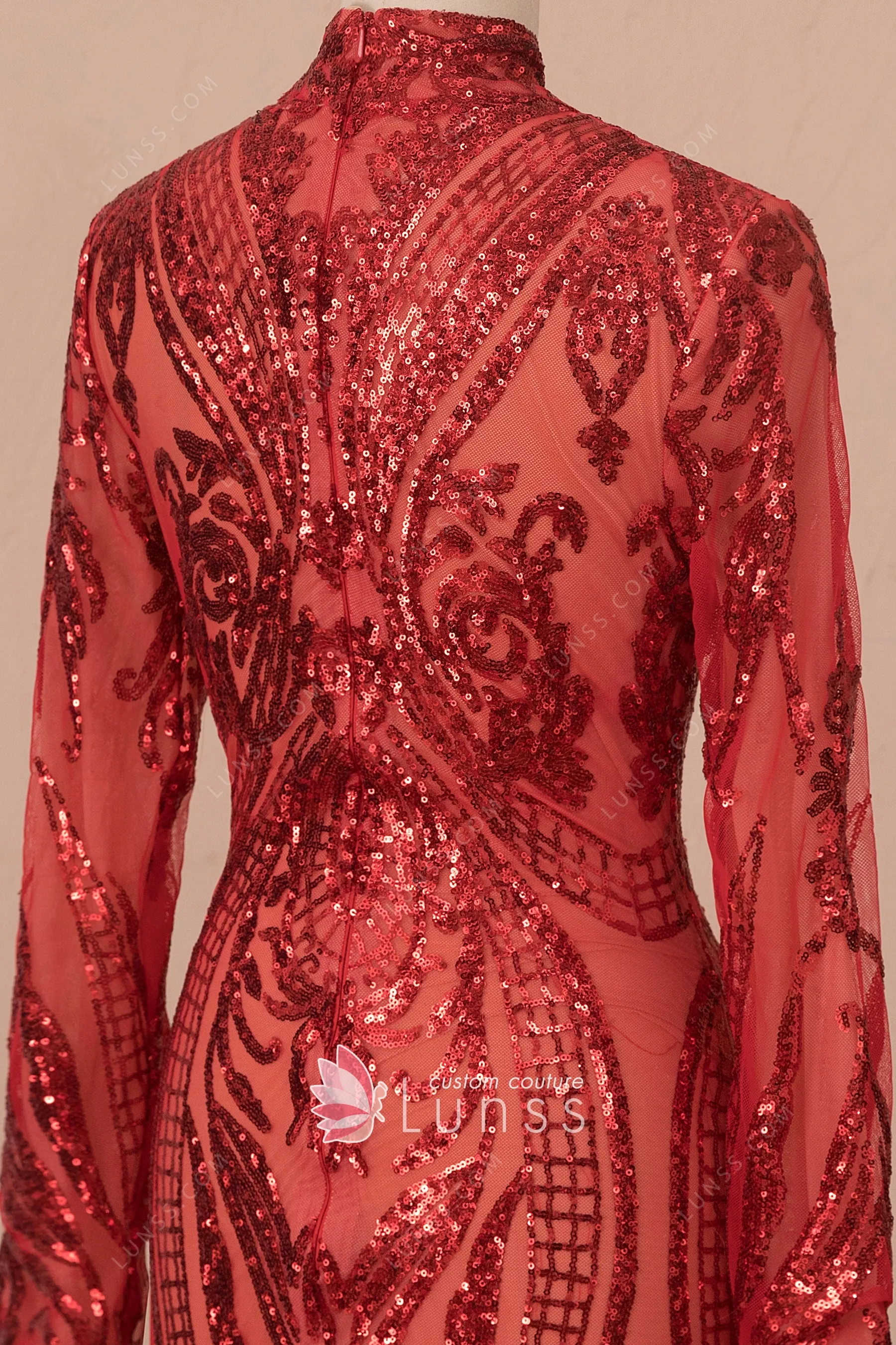 Unique Red Sequin Long Sleeve Mermaid Prom Dress - Lunss