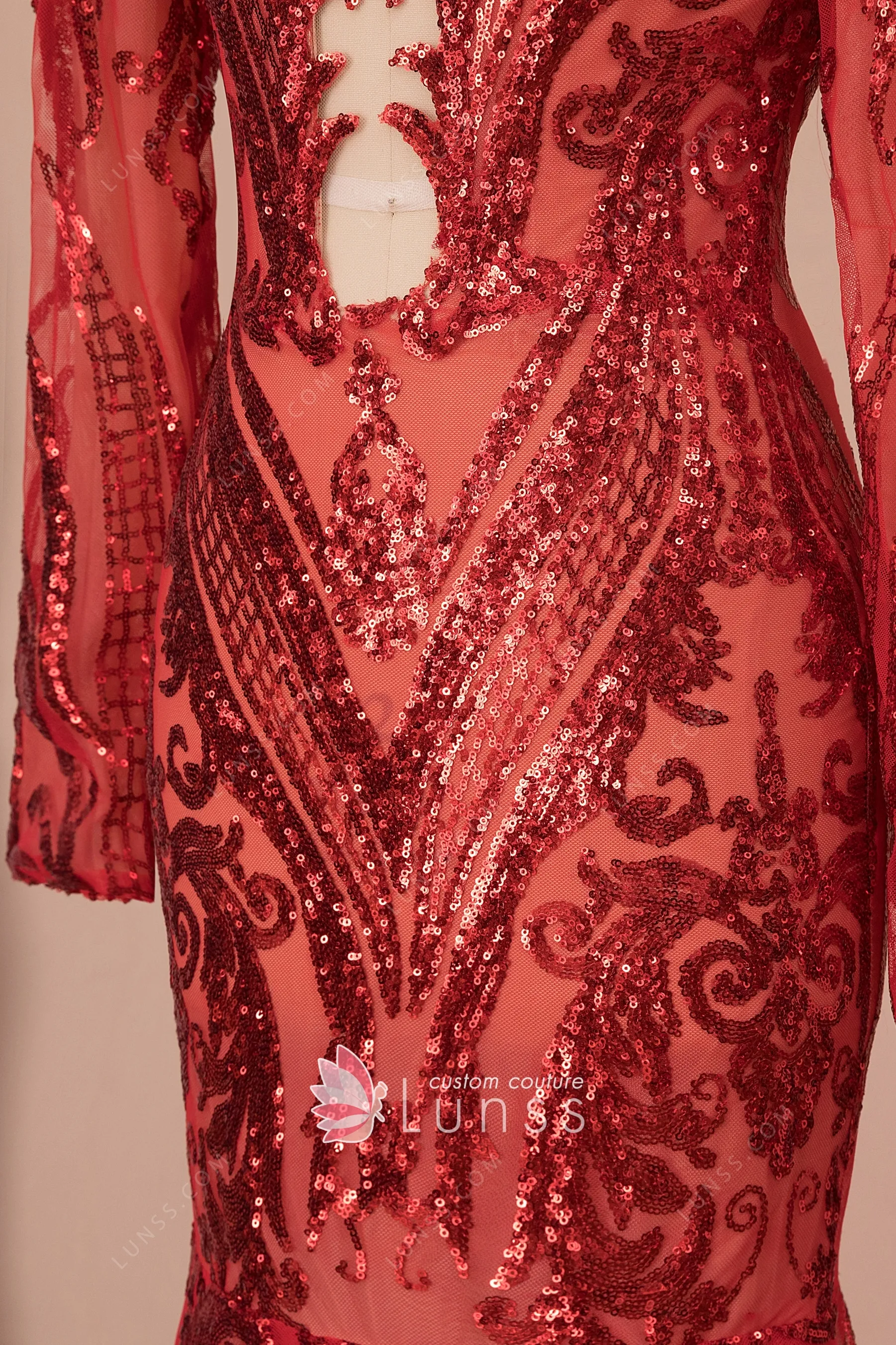 Unique Red Sequin Long Sleeve Mermaid Prom Dress - Lunss