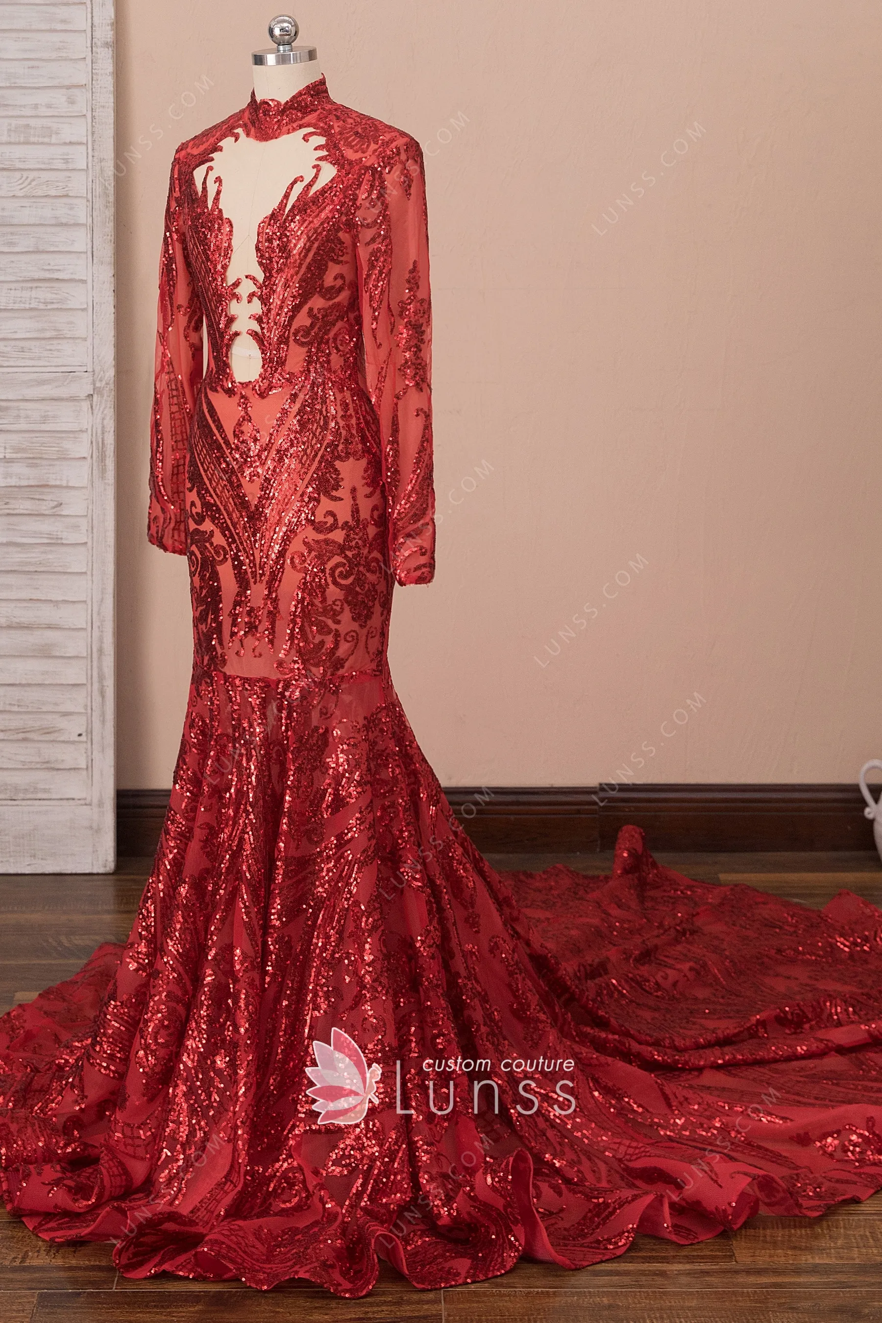 Unique Red Sequin Long Sleeve Mermaid Prom Dress - Lunss