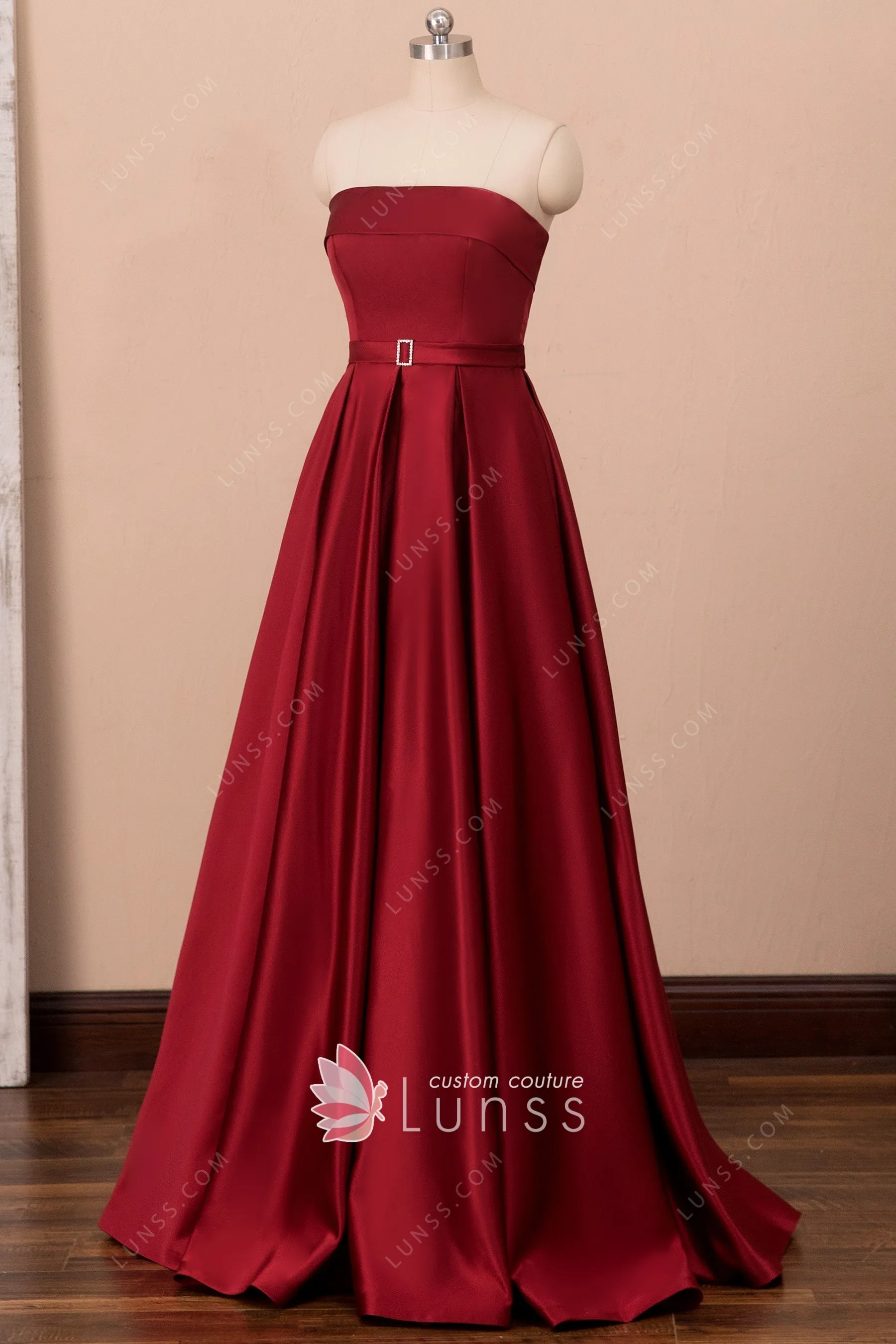 Dark Red Satin Strapless Slit Prom Gown with Pockets - Lunss
