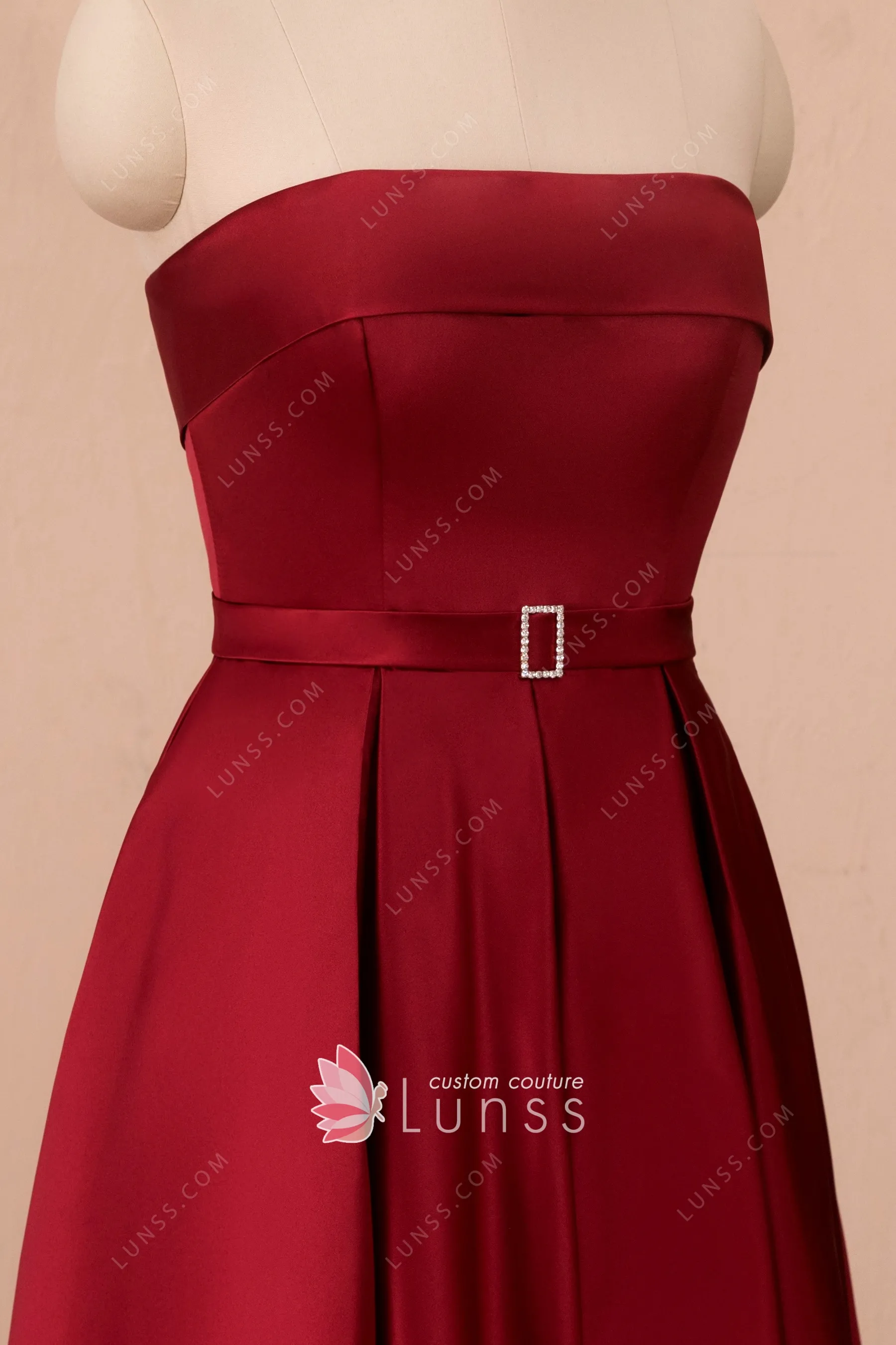 Dark Red Satin Strapless Slit Prom Gown with Pockets - Lunss
