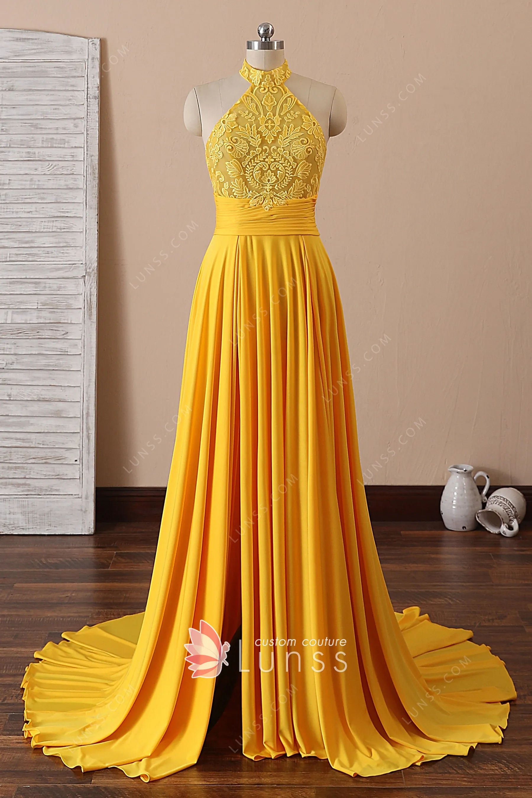 Unique Yellow Lace and Jersey Halter Slit Prom Dress - Lunss