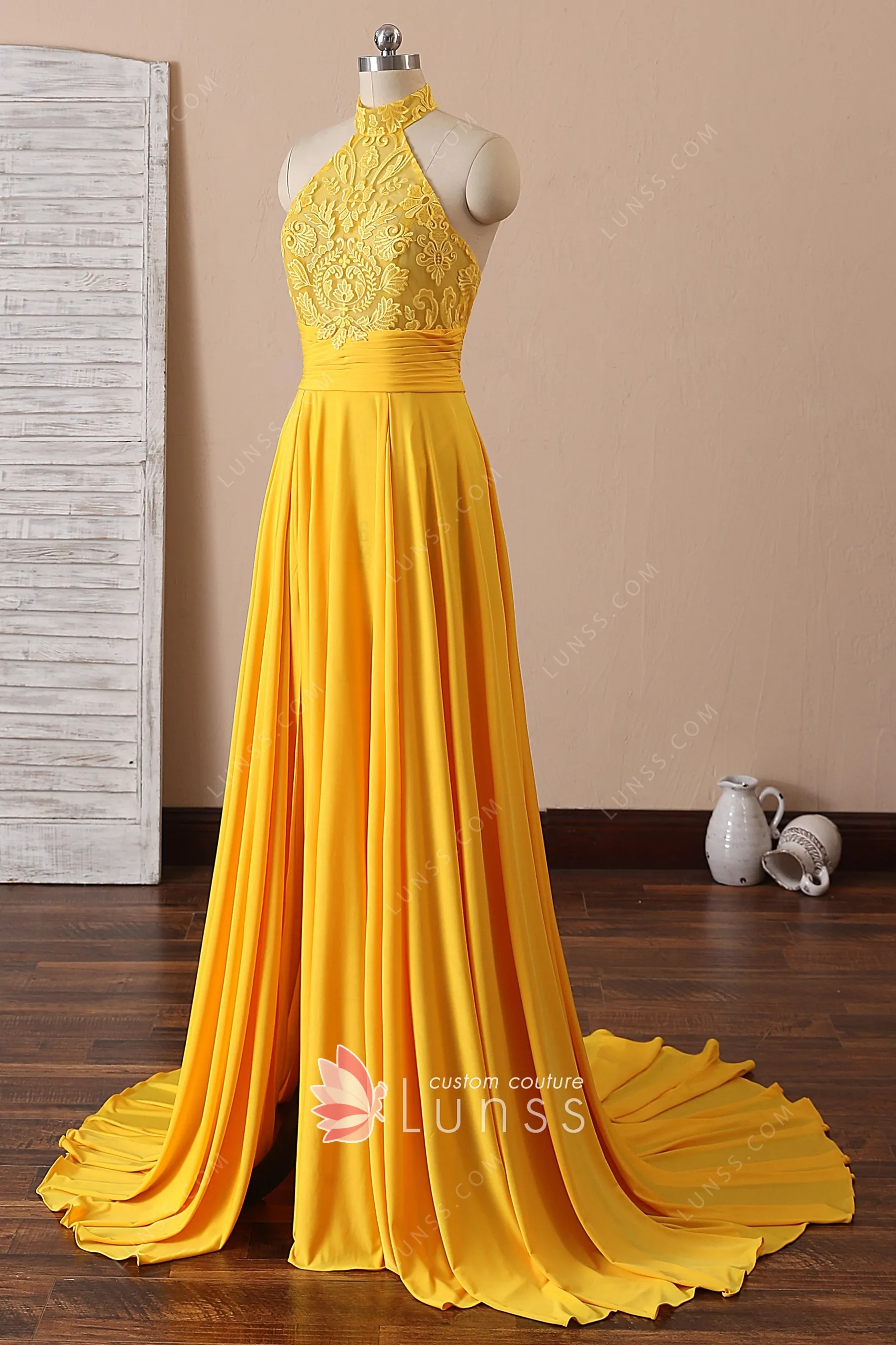 Unique Yellow Lace and Jersey Halter Slit Prom Dress - Lunss