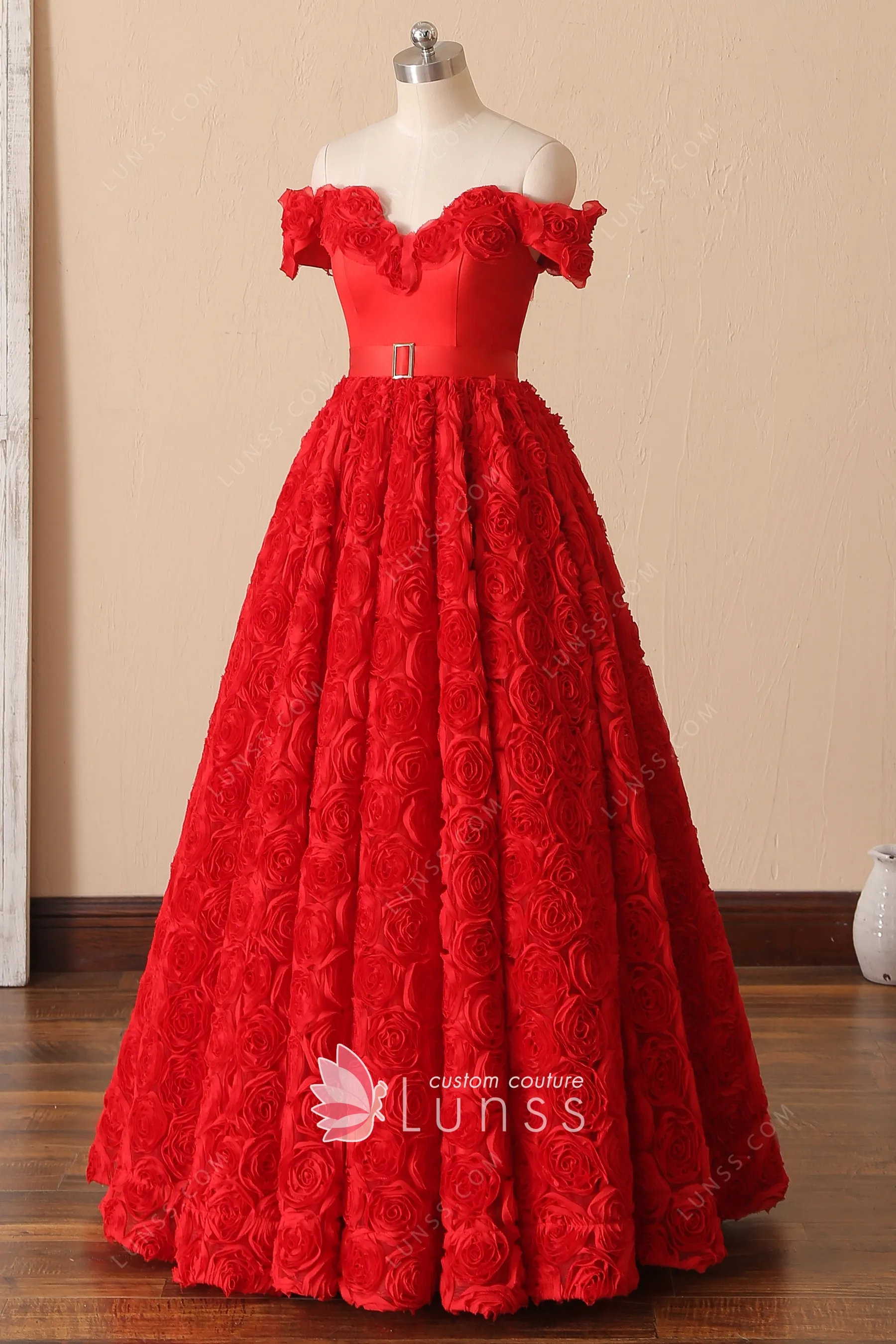 Red 3D Rose Off-the-shoulder Ball Gown Birthday Dress - Lunss