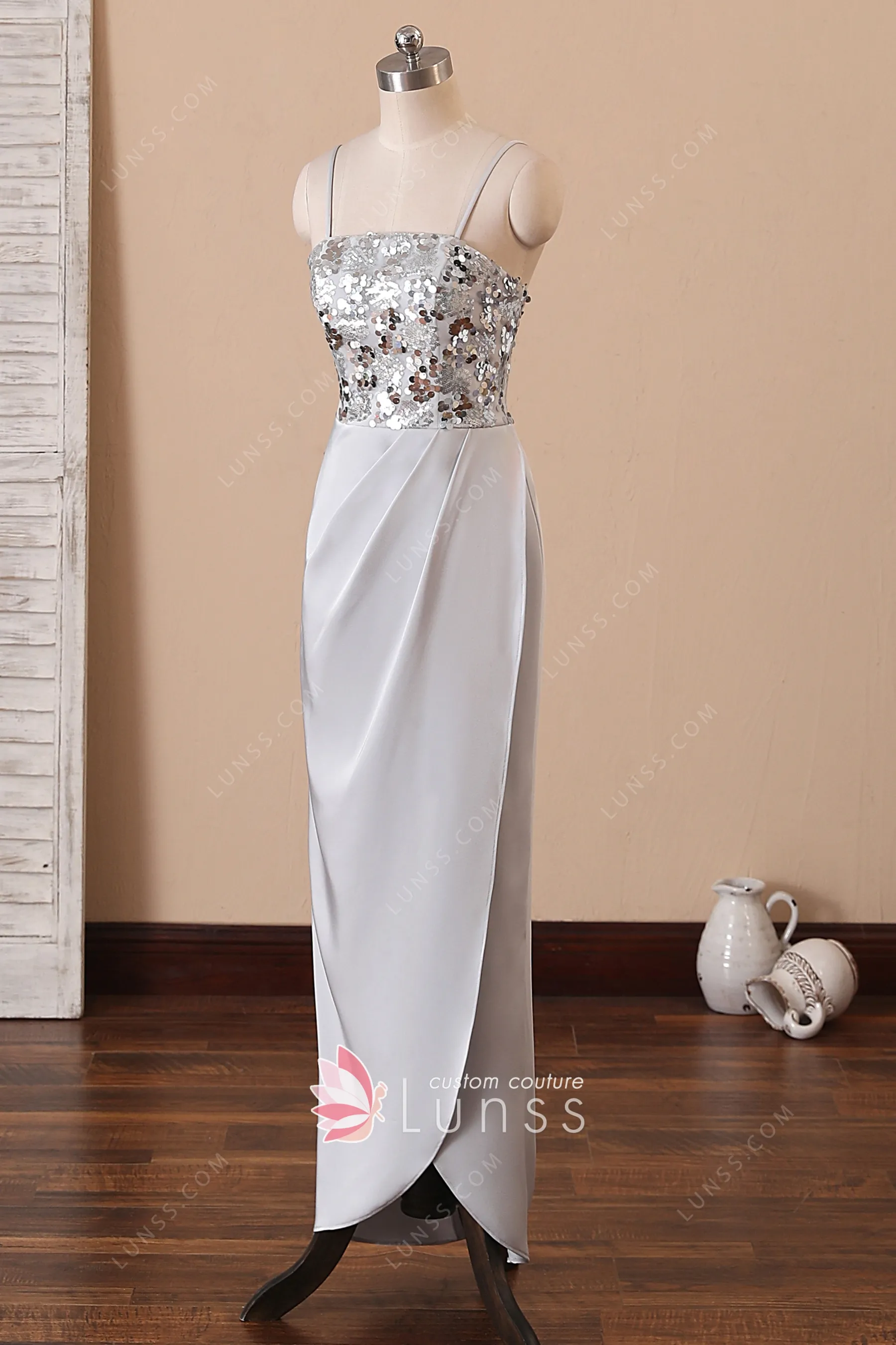 Silver Sequin & Draped Satin Tulip Ankle Length Dress - Lunss