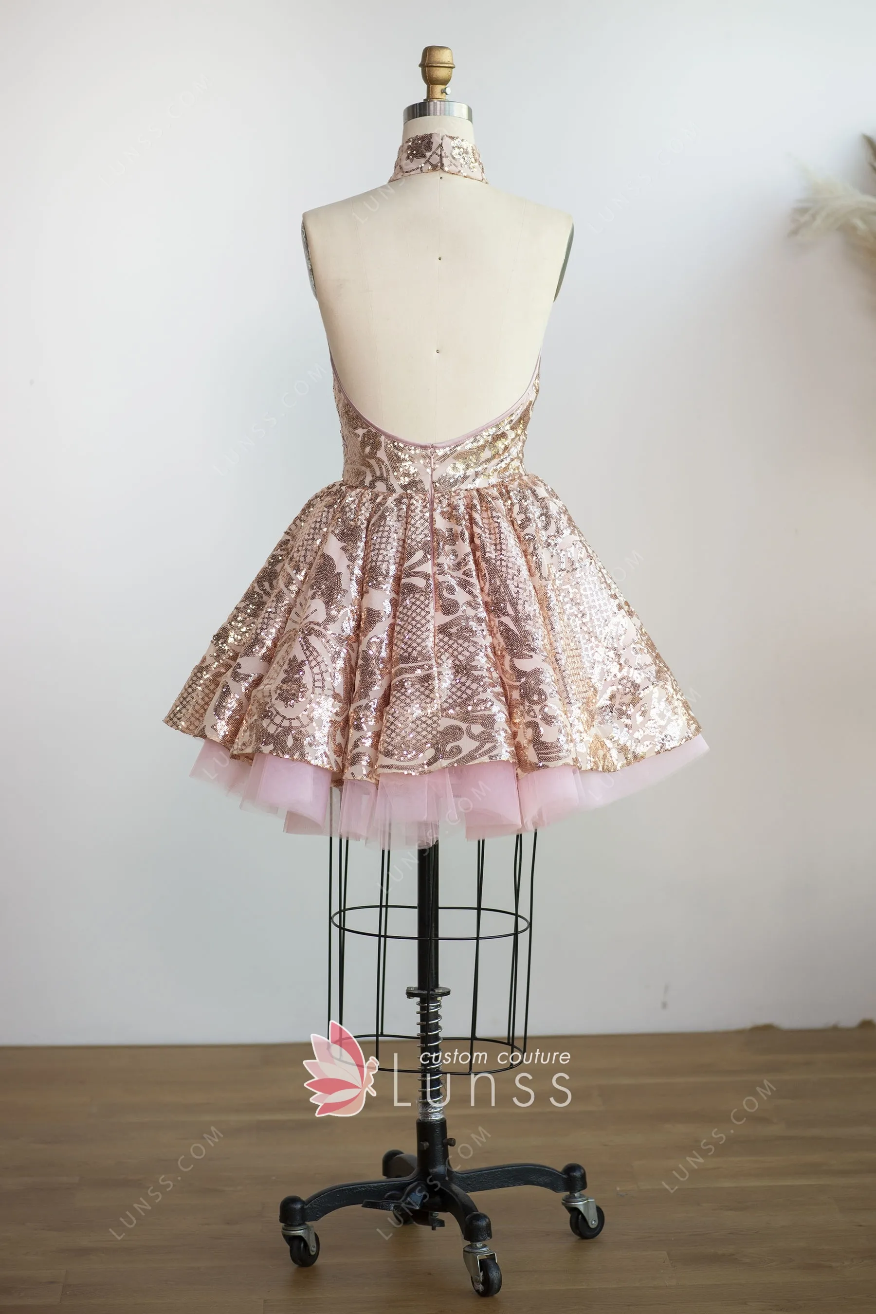 Champagne Gold Sequin Backless Halter Short Prom Dress - Lunss