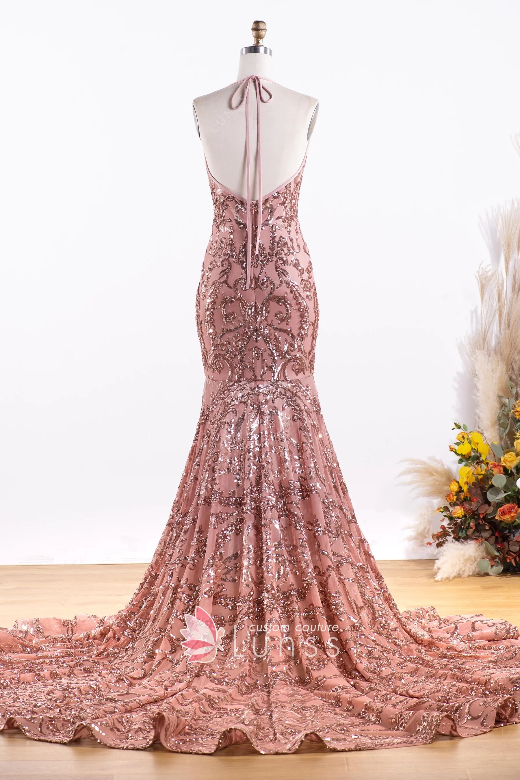 Rose Gold Sequin Halter Plunging Neck Mermaid Prom Dress - Lunss