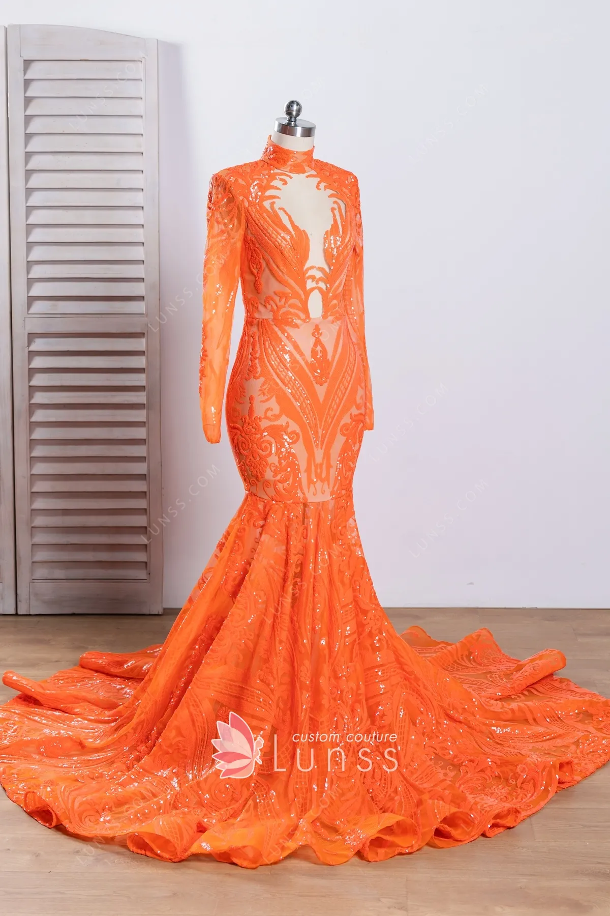 Orange Unique Pattern Sequin Mermaid Prom Dress - Lunss